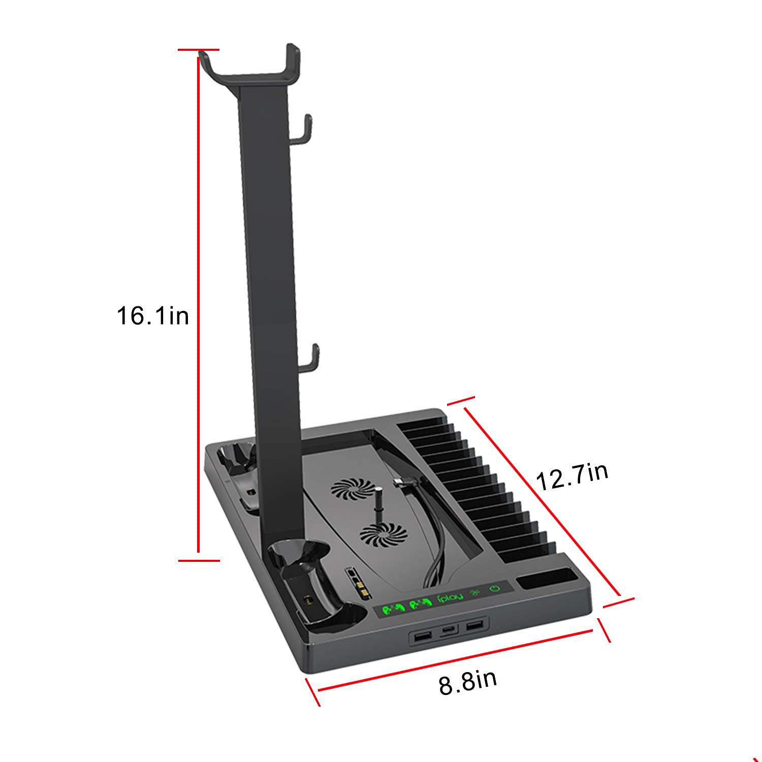 OFUN PS5 Console Stand with Wireless Charging, Cooling Fans, Storage and USB Hub, 2 Controllers Charged