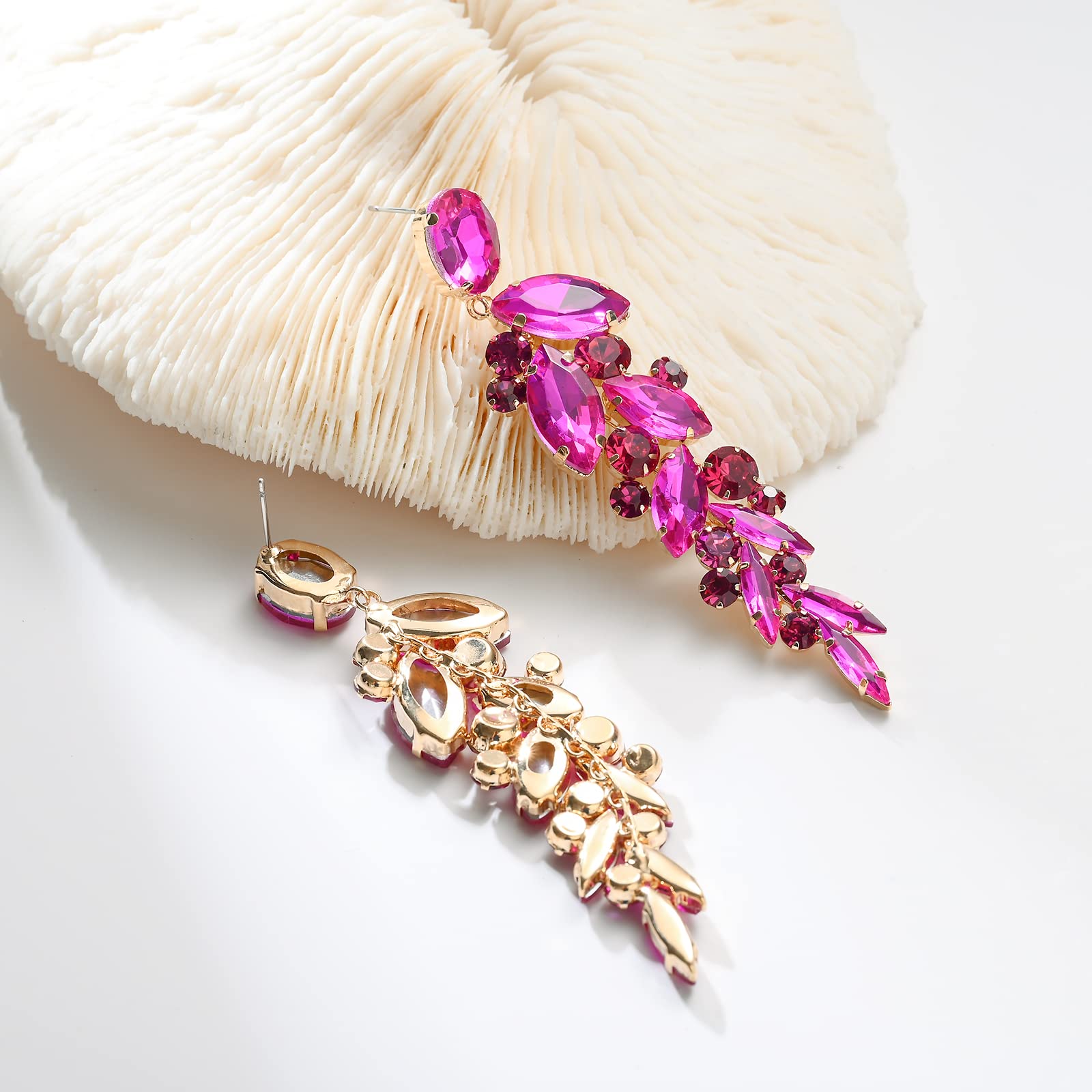 Rhinestone Fashion Statement Dangle Earrings Sparkly Hot Pink Marquise Crystal Drop Earrings for Women Wedding Prom