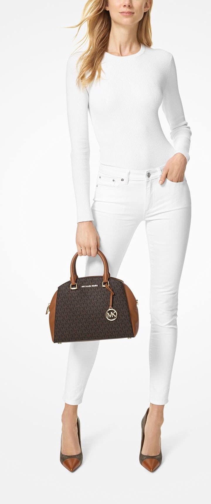 Michael Kors Maxine Leather Dome Satchel Brown/Acorn/Gold