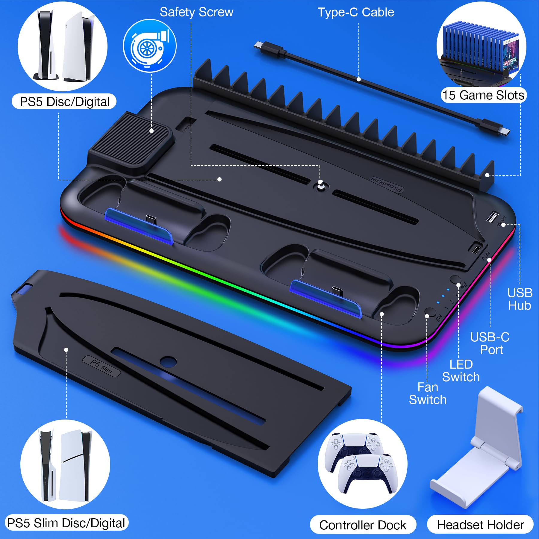 PS5 Stand Cooling Station with Controller Charging Station for Playstation 5 Console, PS5 Accessories with Cooling Fan for PS5 Digital & Disc, Headset Holder, 11 Slot-White (Not Fit 2023 PS5 Slim)