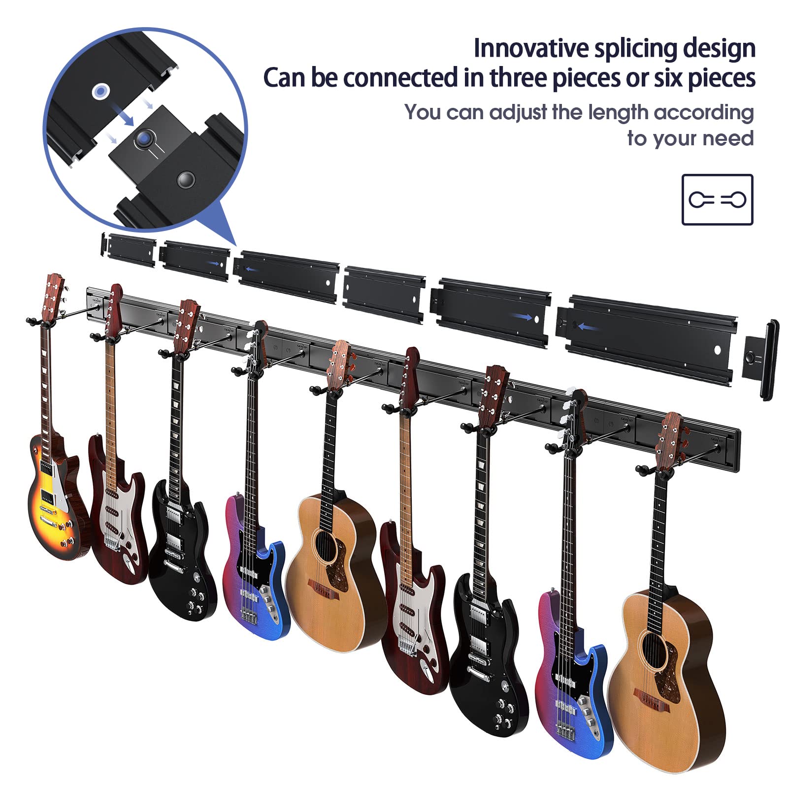 SKAEHP Guitar Wall Mount Hangers，with 10 Adjustable Ukulele Hooks, Premium Aluminum Bass Rack，Banjo Stand for Acoustic Electric Guitars,Violin, Mandolin and String Instruments（Black）