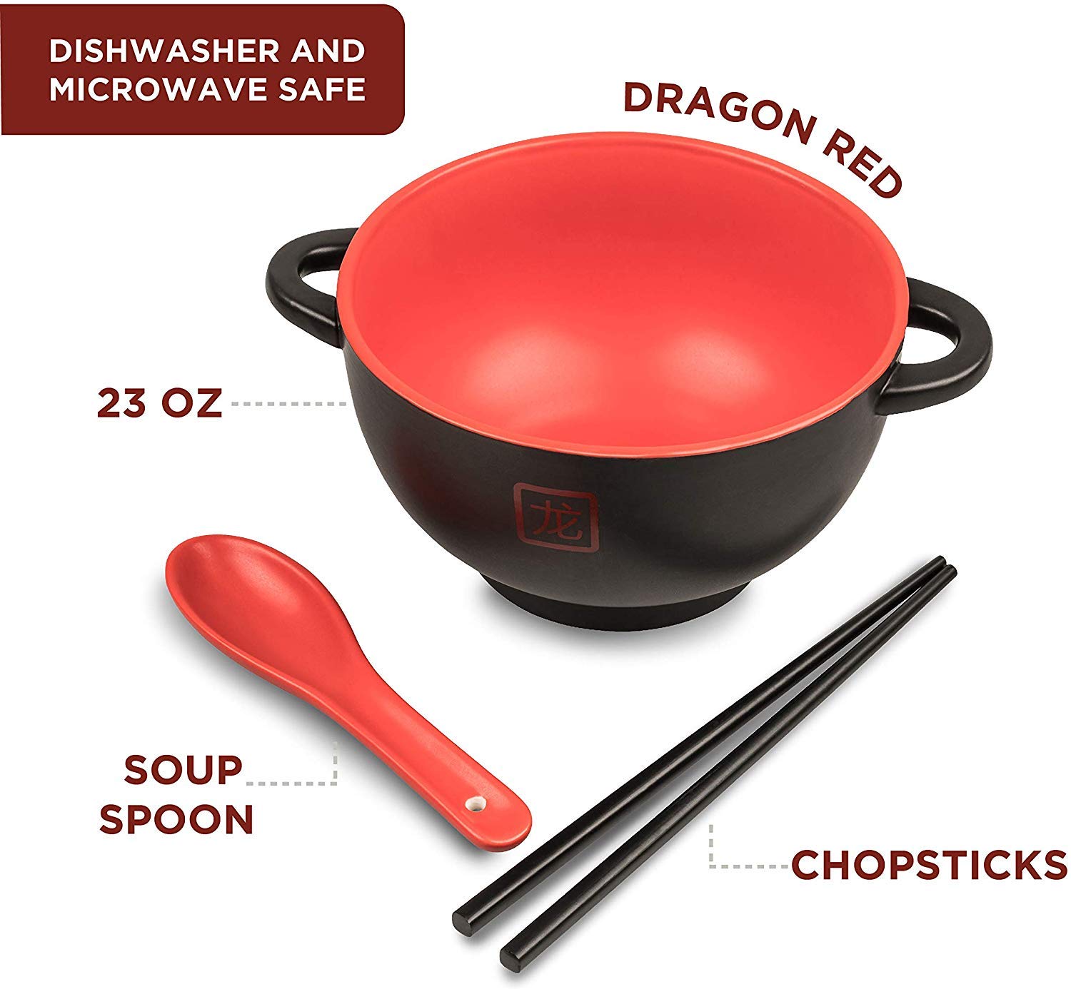 Red Dragon Large Ramen Bowl Set with Chopsticks & Soup Spoon - Microwavable & Durable Ceramic Ramen Bowl and Spoon Set for Noodles, Pho Bowls, Soup, Ramen, Udon, Miso, Thai, Curry & Soba (23 Ounce)