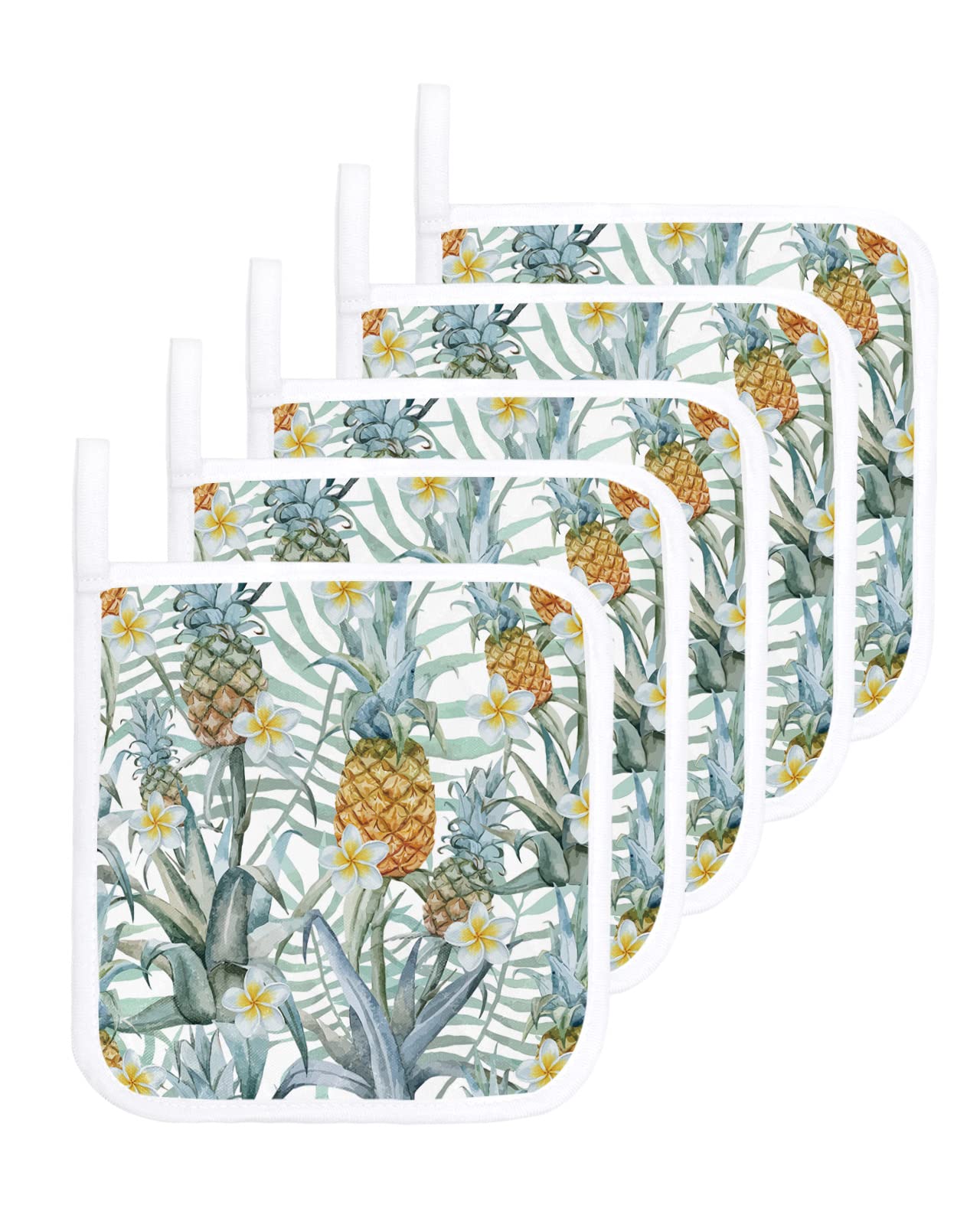 Pot Holders for Kitchen Watercolor Tropical Fruits Pineapple Leaf Set of 5 Potholders Heat Proof Non-Slip Oven Pot Holder Insulation Terry Cloth Hot Pad with Loop Rainforest Botanical