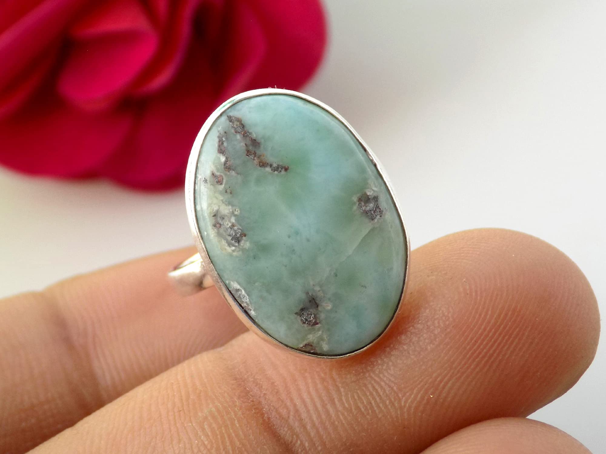 Natural Larimar Ring, Women's Ring, Statement Ring, Simple Bezel Gemstone Ring, (Size- 6.5 USA) Blue