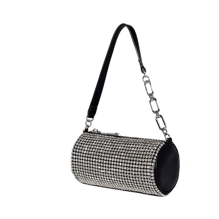 Rhinestone Purse Round Barrel Shape Women Blingbling Sparkle Crystal Clutch Shoulder Top Handle Handbag Chain Party Prom Boston Bucket