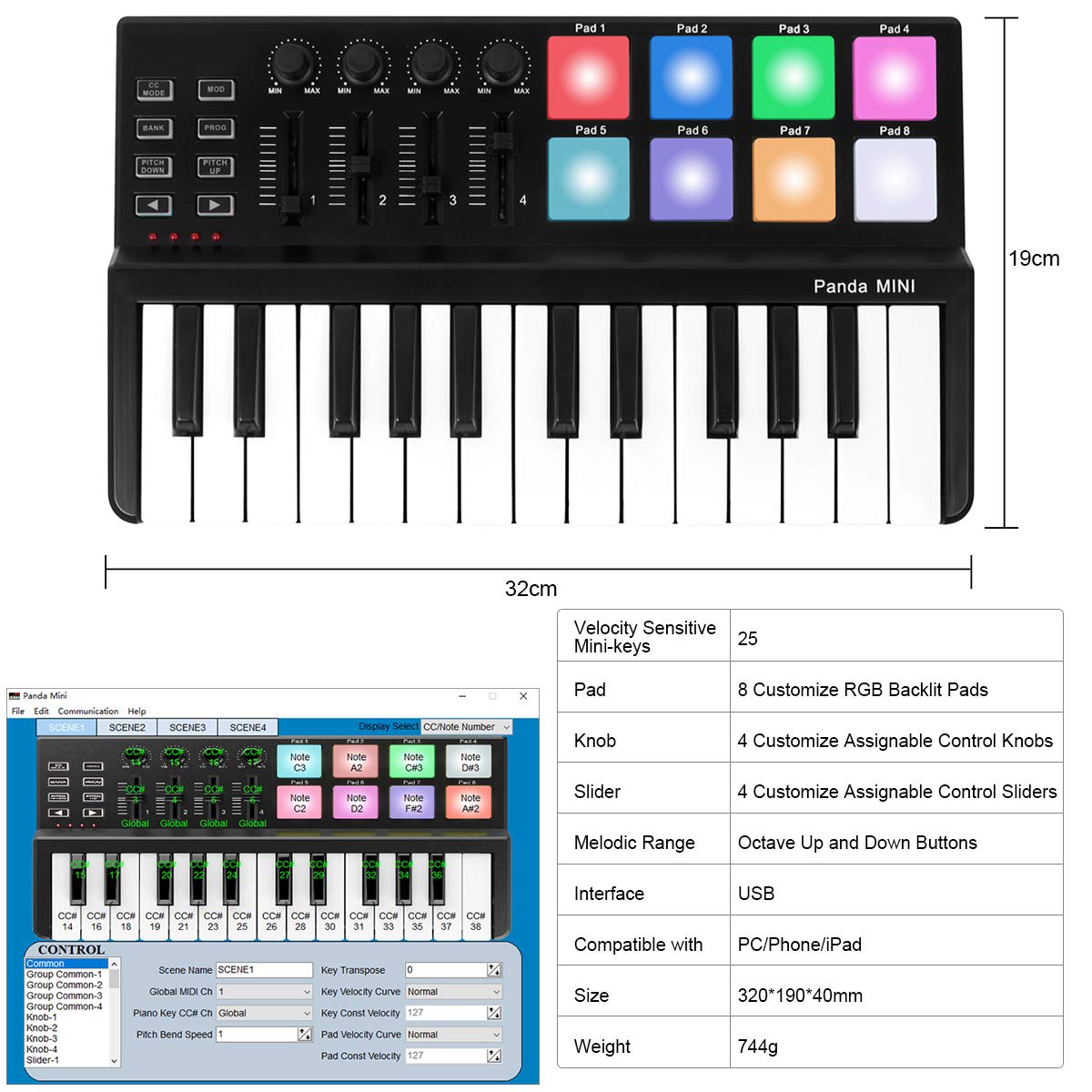 Midi Controller, lotmusic Worlde TUNA PANDA MINI 25 Keys Portable USB Midi Keyboard with 8 RGB Backlit Colorful Drum Beat