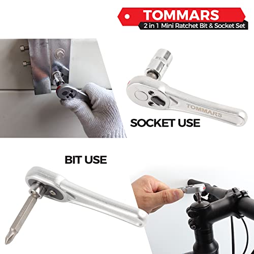 TOMMARS 58-Pc 1/4" Mini Ratchet Wrench Socket & Screwdriver Bits Set, Low Profile, 45 Teeth Gear, S2 and CR-V, 58PCS