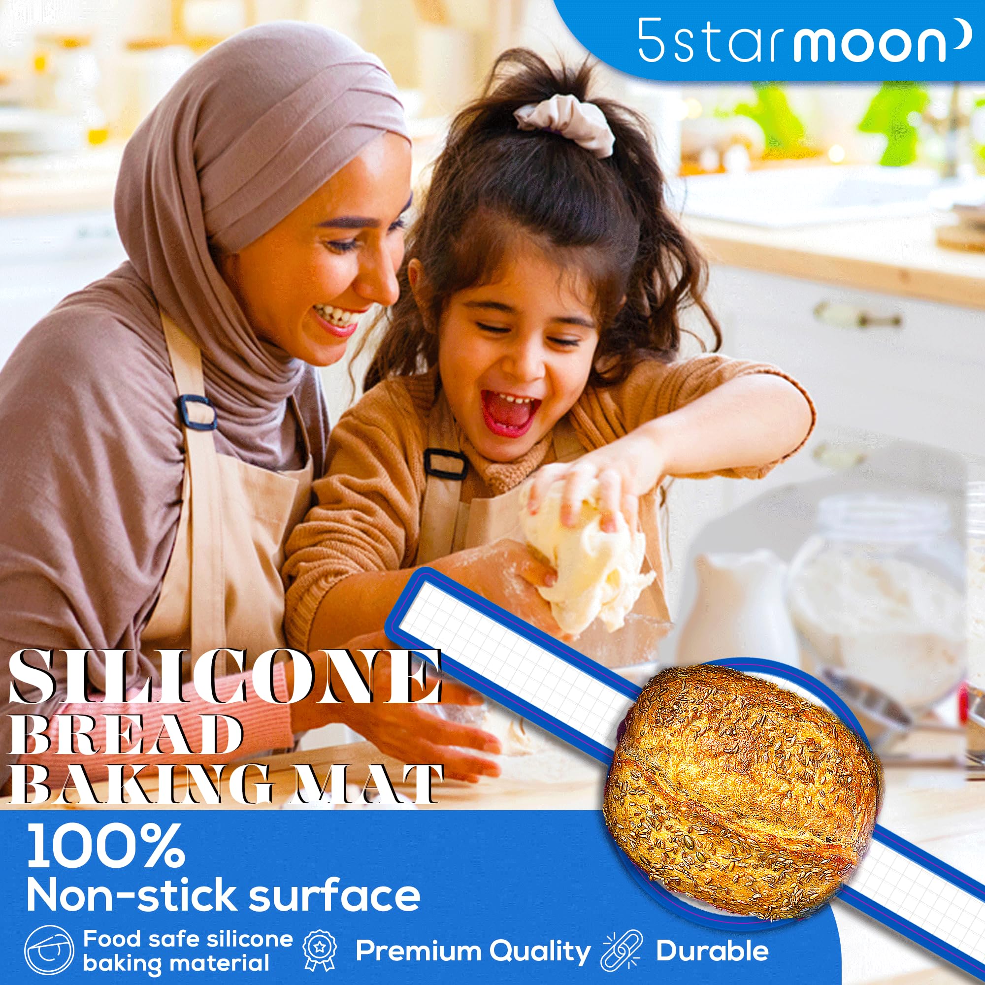 Silicone Bread Sling Dutch Oven Liner - Extra Thick Non-Stick Reusable Silicone Sourdough Bread Baking Mat with Long Handles, Sourdough Bread Baking Supplies for Easy Dough Transfer (Trim Blue)