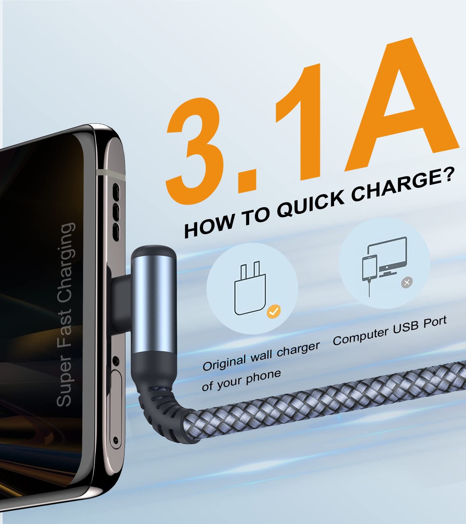 sweguard USB Type C Cable Right Angle [2-Pack, 6.6FT+6.6FT] iPhone 15 Charger Nylon Braided for iPhone 15 pro max Samsung Galaxy S23 S22 S21 Ultra S10 S9 S8 Plus Note 20 10 A54 Flip Pixel LG Moto PS5