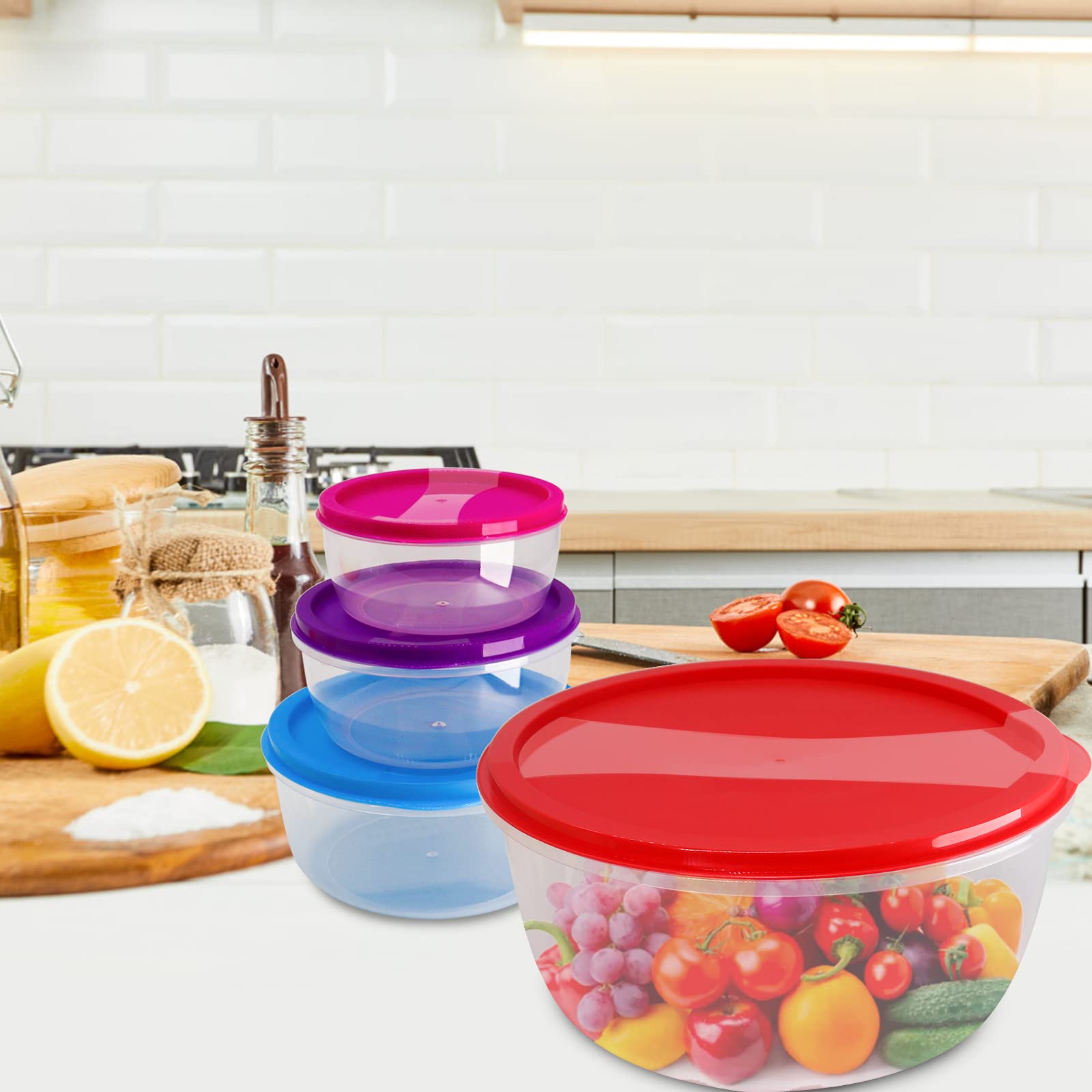 SCWBOEII 7Pcs Round Mixing Bowl Set Salad Bowl with Airtight Lids Plastic Nesting Mixing Bowl Set for Packing and Serving Christmas Salads Candies Cookies