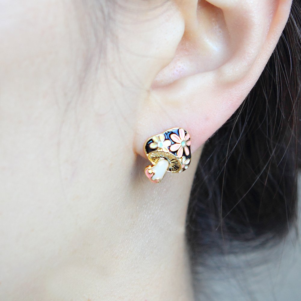 LAONATO Epoxy Mushroom Stud Earrings for Women Black Purple Red (Black)