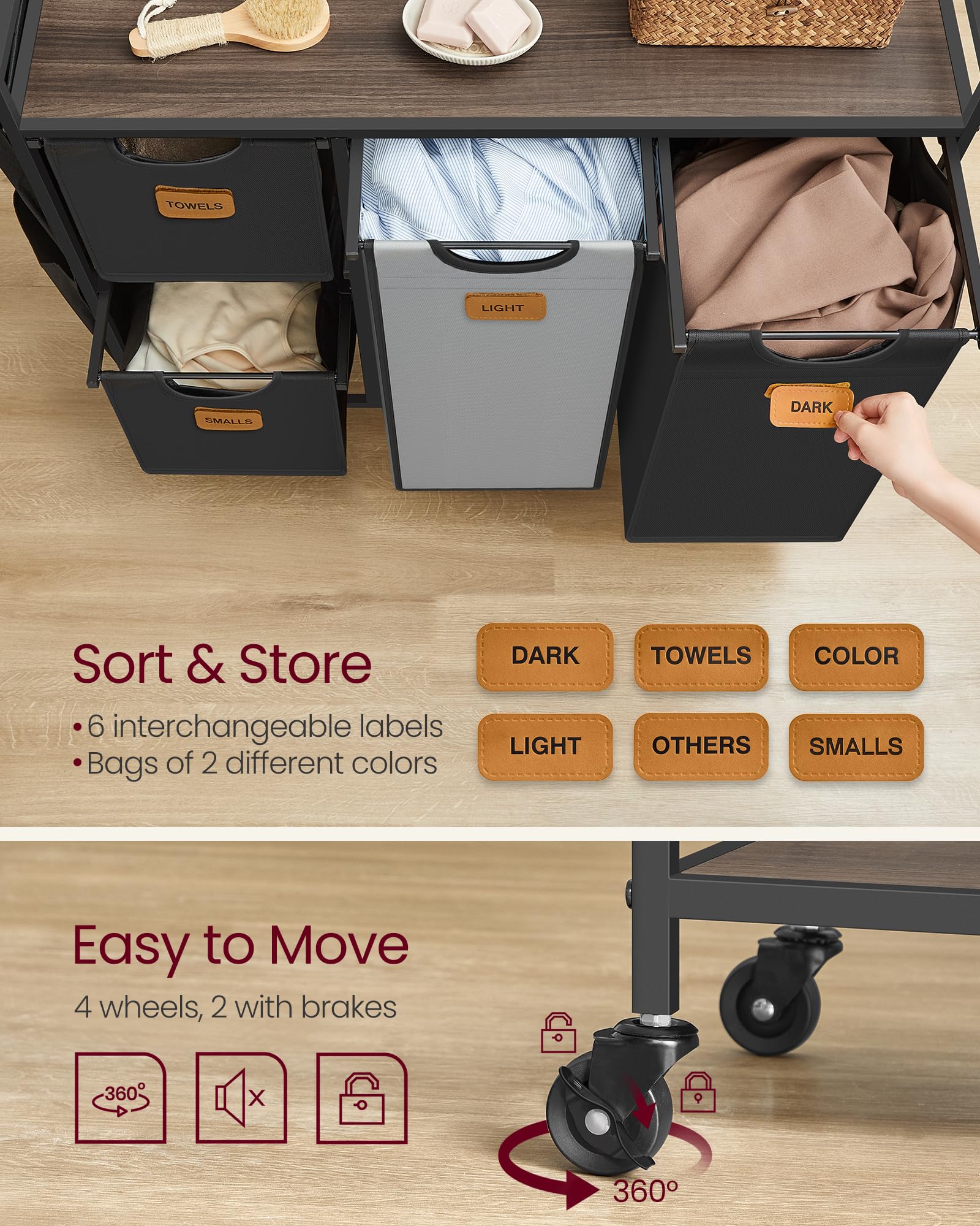 VASAGLE Laundry Hamper with 4 Compartments, 39.6 Gal. (150 L) Laundry Sorter, Rolling Laundry Cart with Shelves, Small Side Pockets, 6 Labels, Chestnut Brown, Ink Black and Dove Gray UBLH203B01