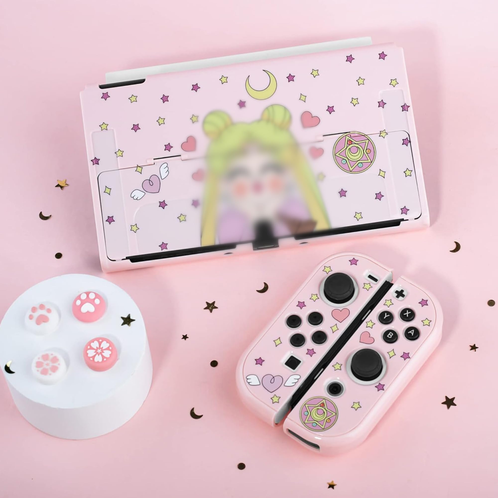 RHOTALL Pink Protective Case for Nintendo Switch OLED with Cute Girl Pattern, Anime Theme Cover Case Compatible with Switch OLED and Joycon Controller with Screen Protector and 4 Thumb Caps