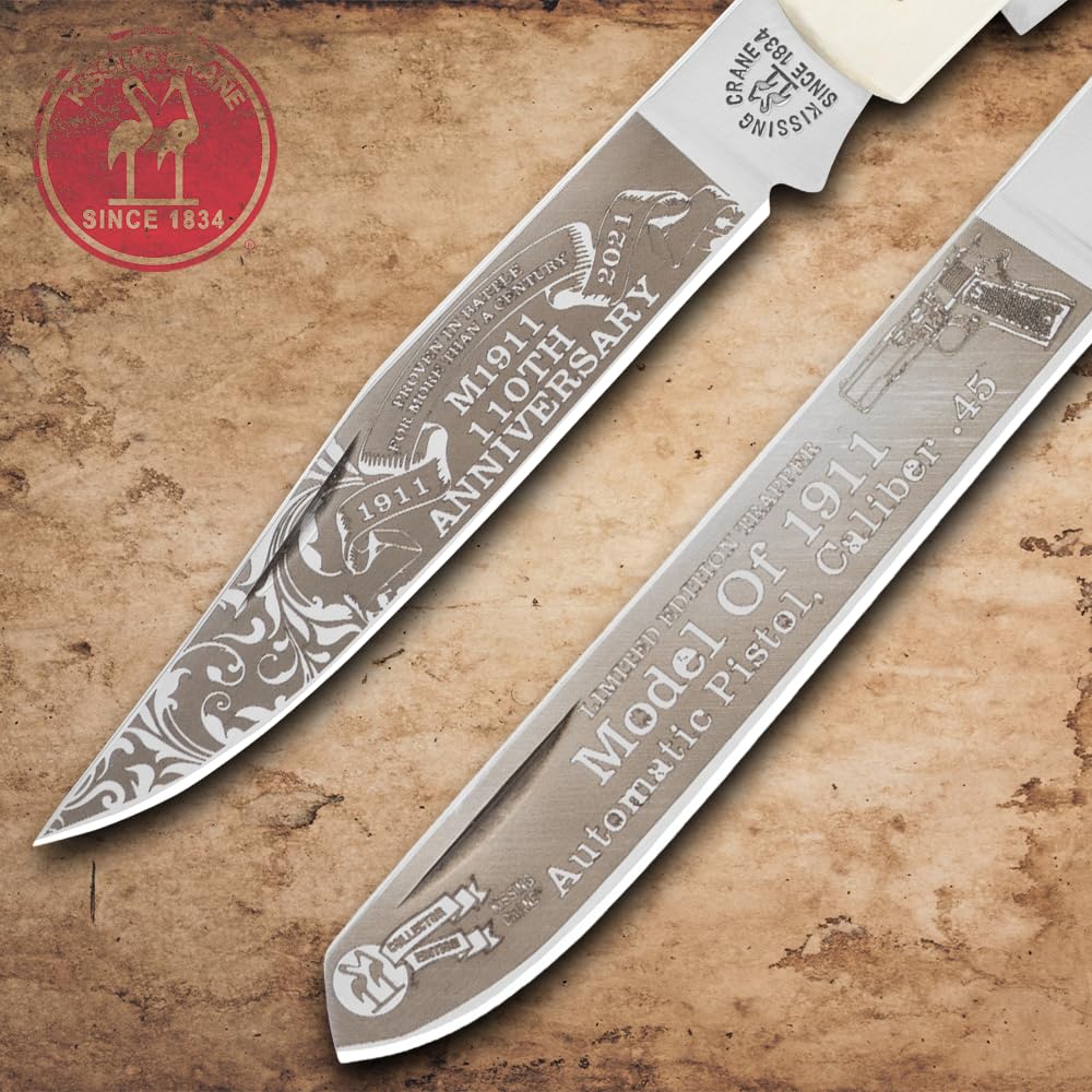 KISSING CRANE Pocket Knife for Men | Dual Stainless Steel Blades | Folding Knife with Scaled Handle | Laser-Etched Artwork of Legendary M1911 | Limited Edition Trapper Knife