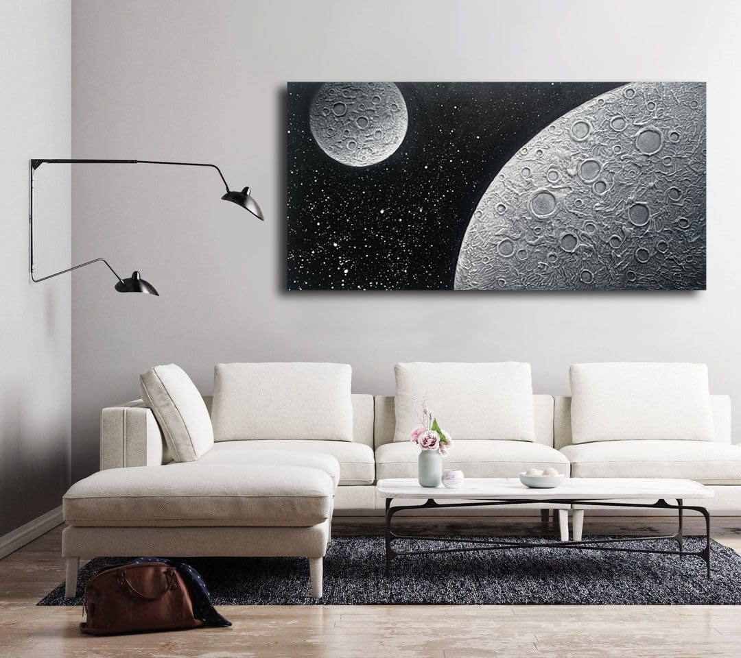 Landswaydecor Black and Grey Wall Art Moon Surface Canvas Oil Painting Home Decor Hand Painted Modern Textured 3D Artwork for Bedroom Living Room