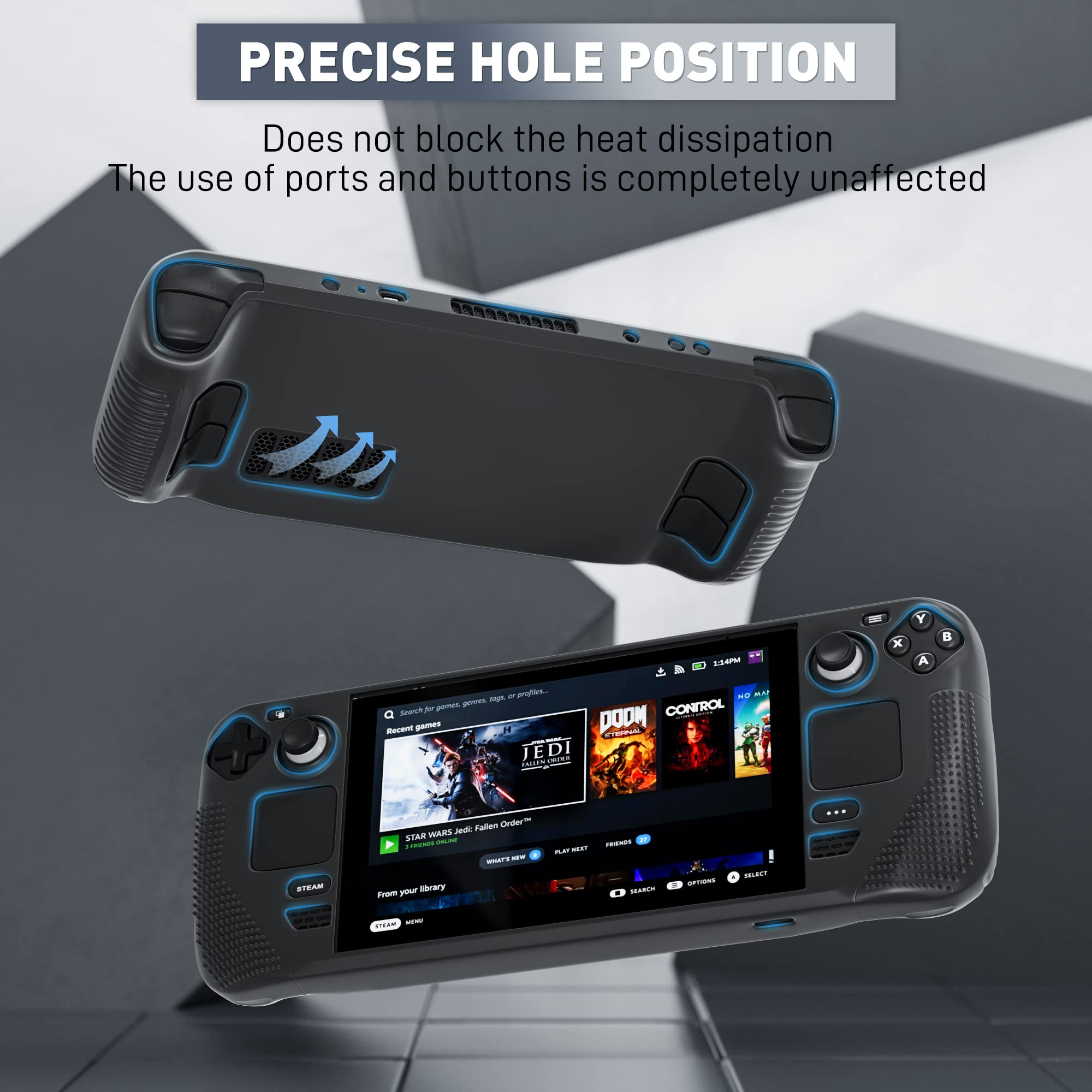 RHOTALL Soft Protective Case Compatible with Steam Deck, Anti-Slip Silicone Cover Case for Steam Deck, Comfortable Grip Design with Screen Protector and 8 Thumb Caps