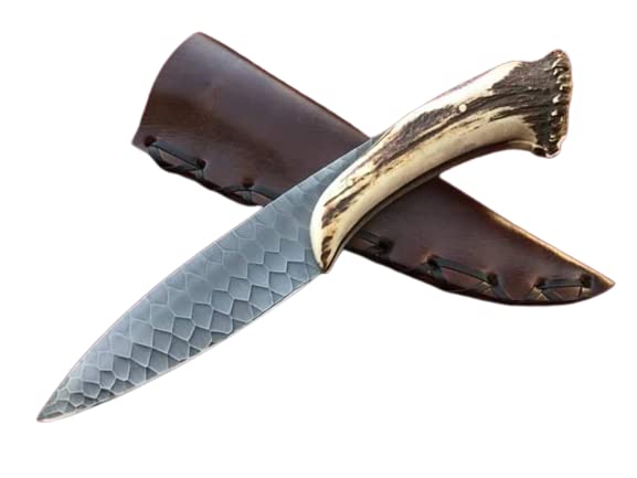 PSK206 - Antler Engraved Hunting Knife | Custom Handmade D2 Steel Knife | Leather Sheath