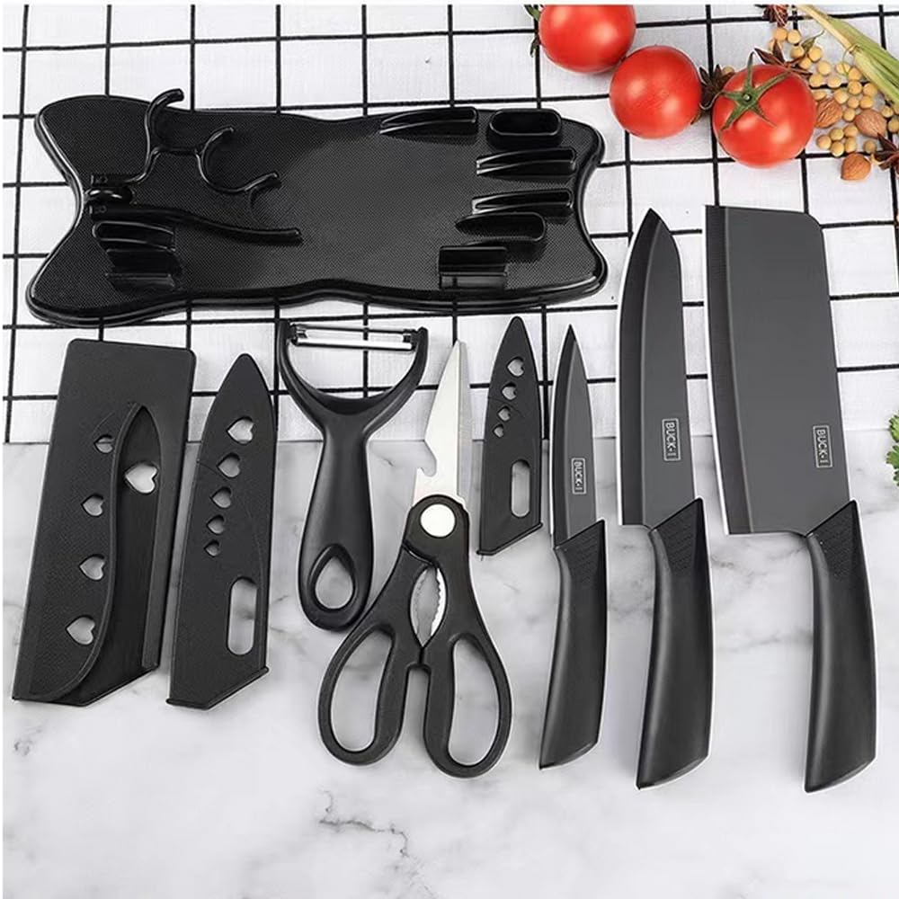 Knife Set, 10-Piece German Stainless Steel Kitchen Knife Block Set with Sheaths, Cutting Board and Knife Block, Super Sharp Knife Set with Block, Non-stick Cooking Knives Sets, Ergonomical Design