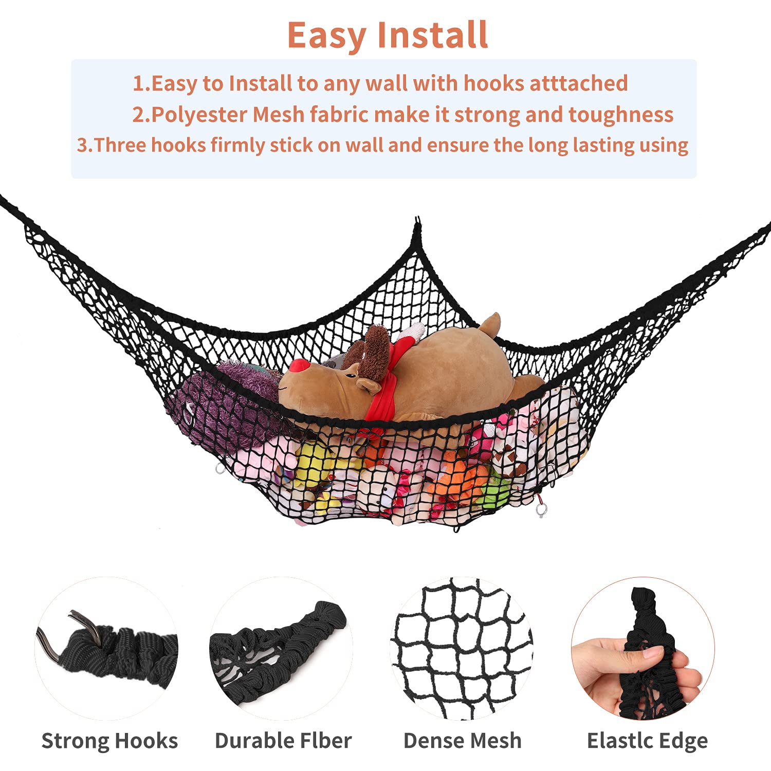 Stuffed Animal Net or Hammock, LXUNYI Toy Net Hammock for Stuffed Animals Large Stuffed Animals Hammock Plush Toys Wall Corner Hanging Storage Net Organizer (White with Tassels)
