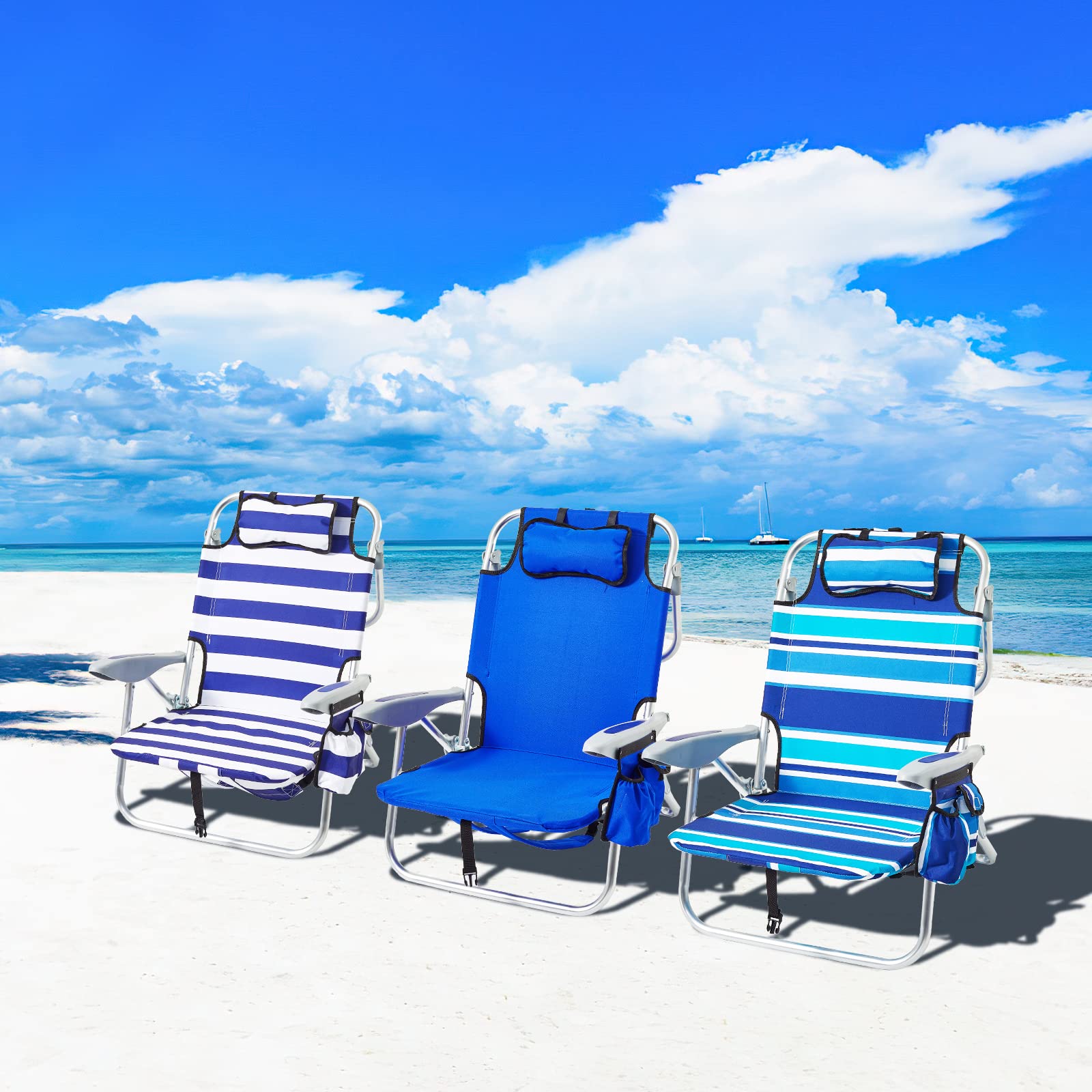 ROWHY Backpack Beach Chair for Adults with Cooler Pouch Portable Lightweight Beach Chair Cup Holder Lay Flat Position and Extra Storage Low Camping Chair Support 300lb, Royal Blue