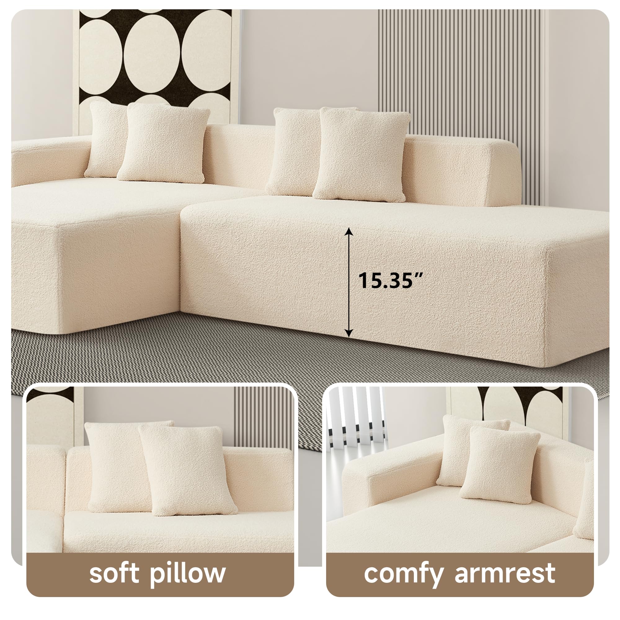 VASOENY 105.5 X 60.2'' L Shaped Sectional Sofa, Sherpa Fabric L Shaped Couch, 3 Seat Corner Sofa Couch, Modern Upholstered Couch with 4 Pillow Left Hand Lounge for Living Room, Office
