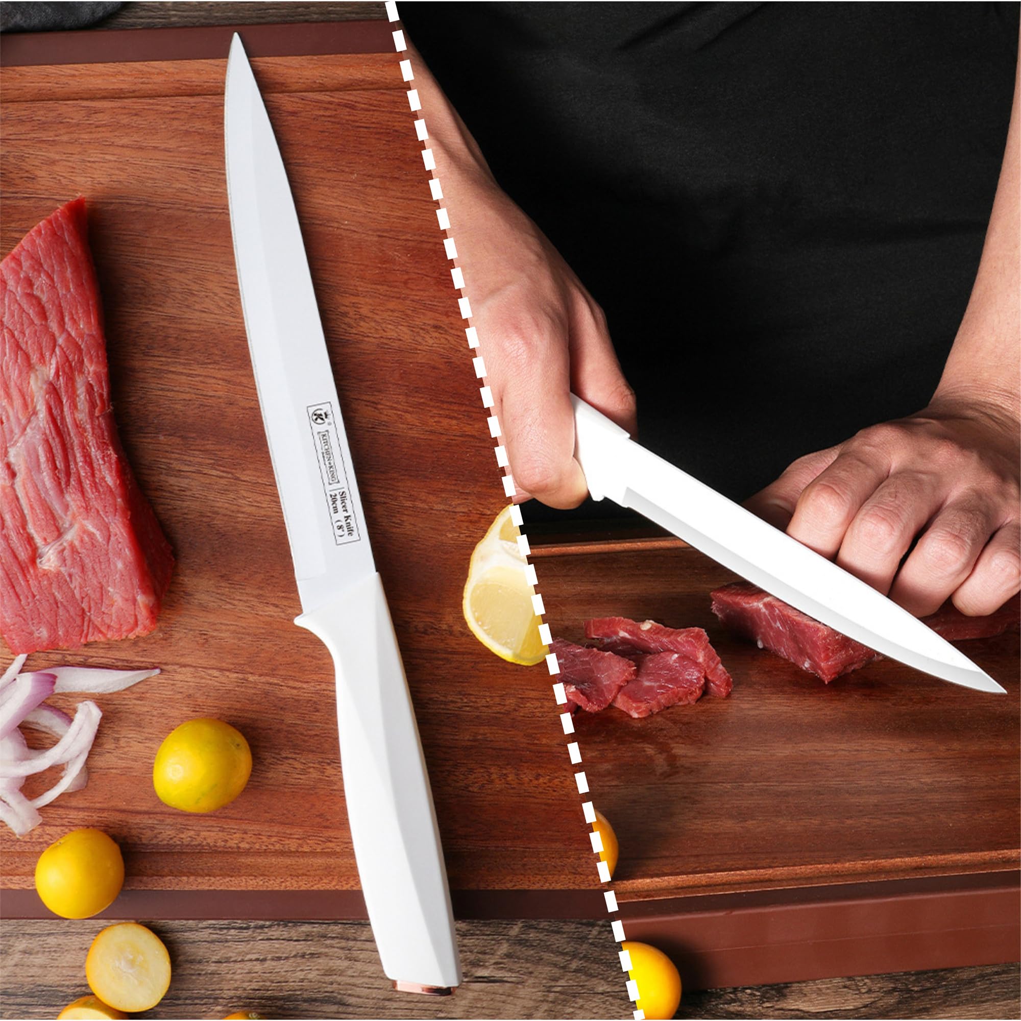 Knife Set,7pcs Kitchen Knives Set With Block & Sharpener Stainless Steel White Acrylic Rotatable Knife Holder,Dishwasher Safe Home Essentials for New
