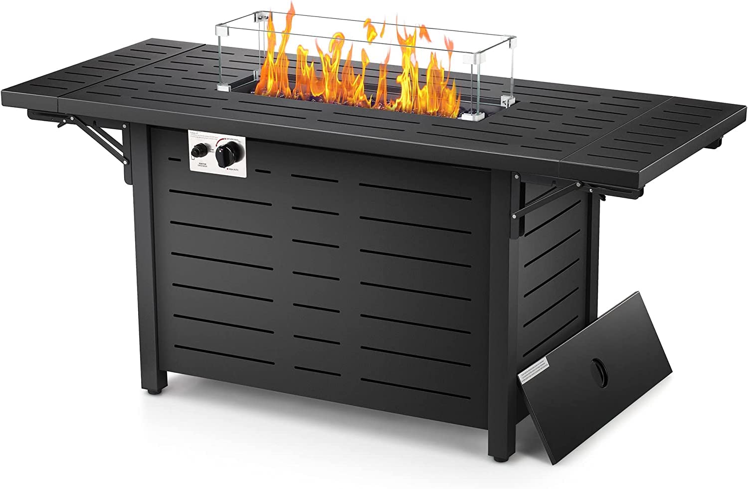 Kismile 54in Propane fire Pit Table, 50,000BTU Gas fire Pit Table with Lid, Cover, Tempered Glass Wind Guard,Foldable Table,Steel Fire pits for Outside Garden, Backyard,Patio,Black