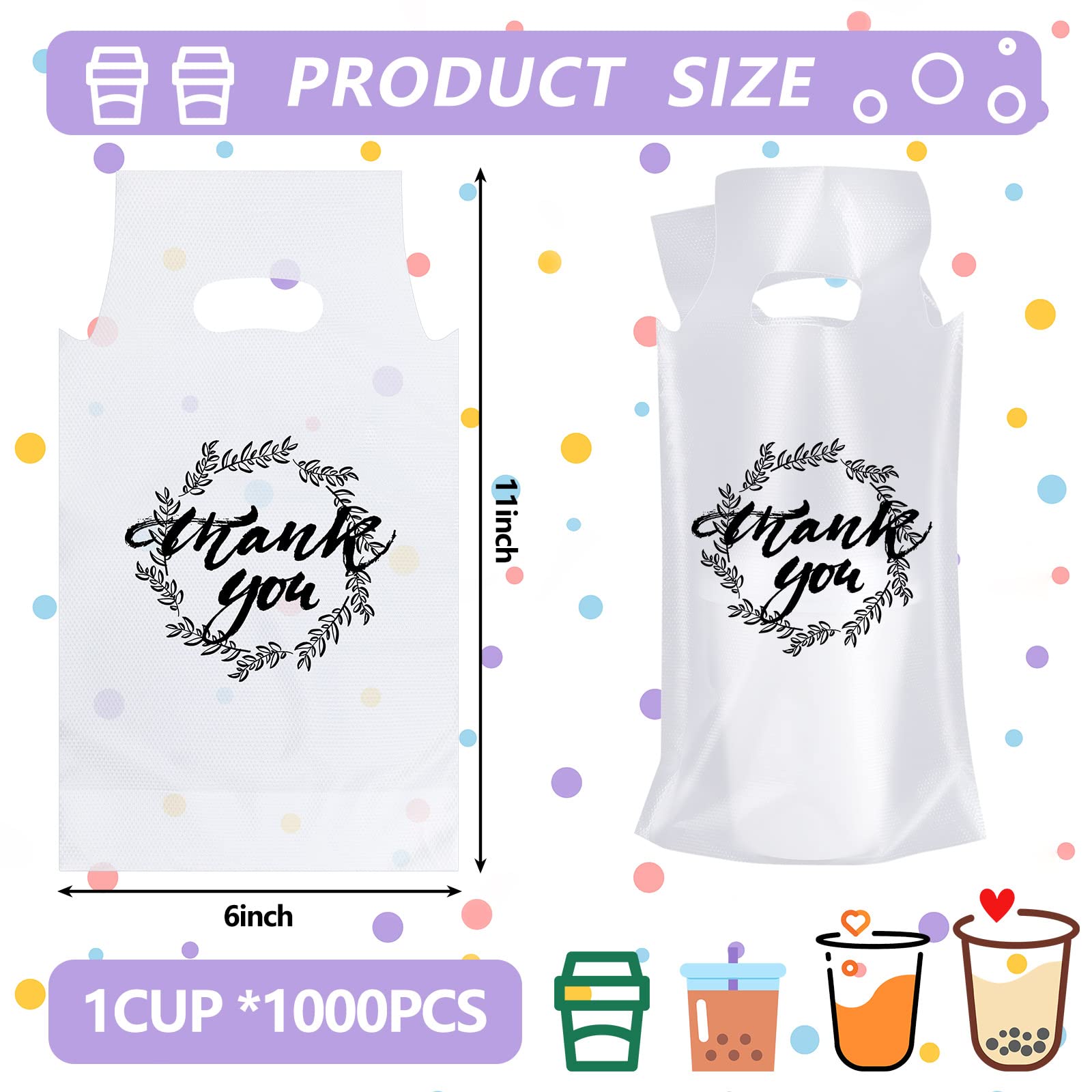 Kisston 1000 Pcs Drink Carrier for Delivery, Plastic Drinking Carrier Bags Thank You Clear Handle Drink Poly Bags Drink Bags Bulk Cup Carrier for Coffee Tea Beverage Juice (Hold 1 Cup)