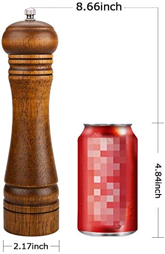 Refillable Wooden Pepper Mill - Big Solid Oaken Wood Gourmet Professional Mills Shaker with Strong Non-corrosive Adjustable Ceramic Grinder Mechanism - Fine to Coarse - 8 in