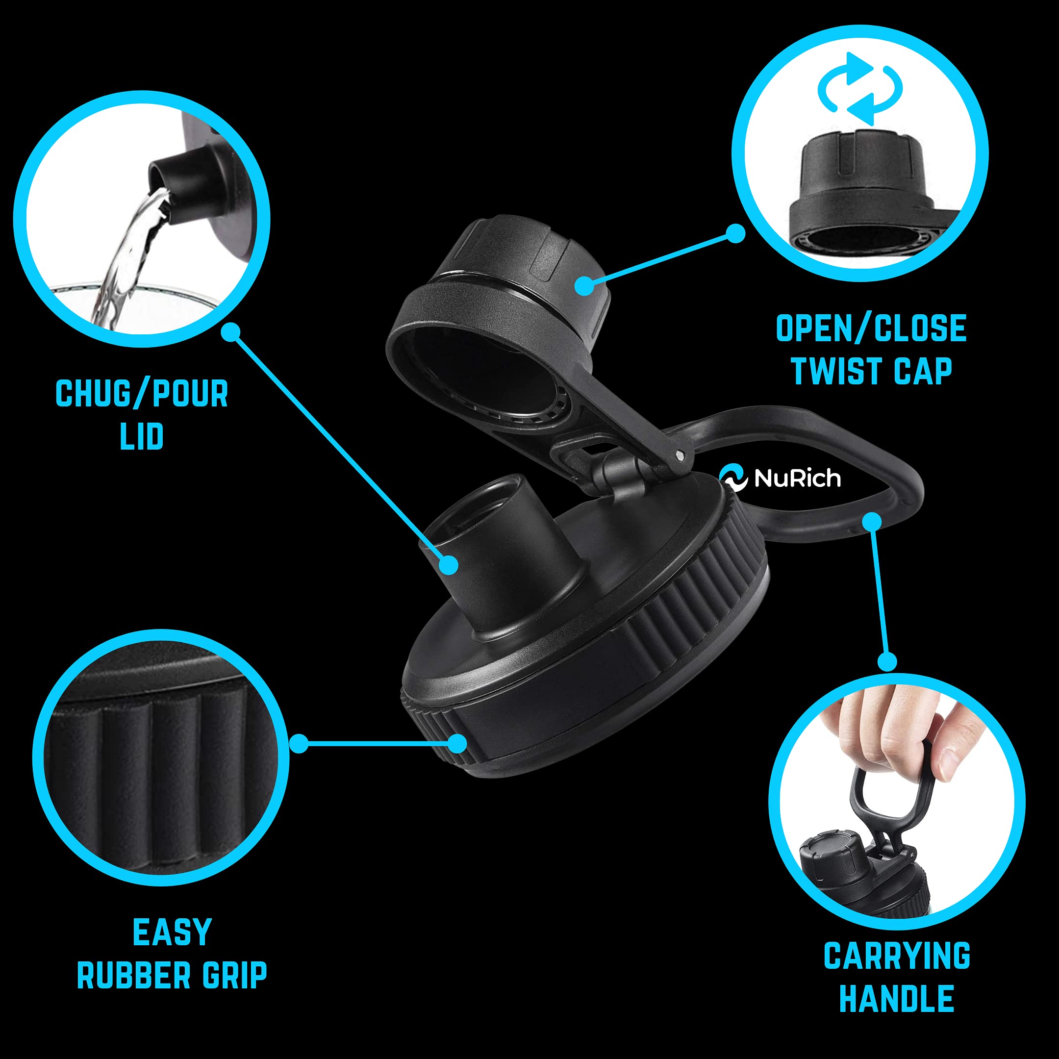 NuRich Hydraflow Wide Mouth Spout Twist Chug Nalgene Replacement Lid or Cap, Compatible with Nalgene 32 oz Wide Mouth Lid, Hydroflask & Many More Top Water Bottle Brands Sizes 12 16 18 20 32 40 64 Oz