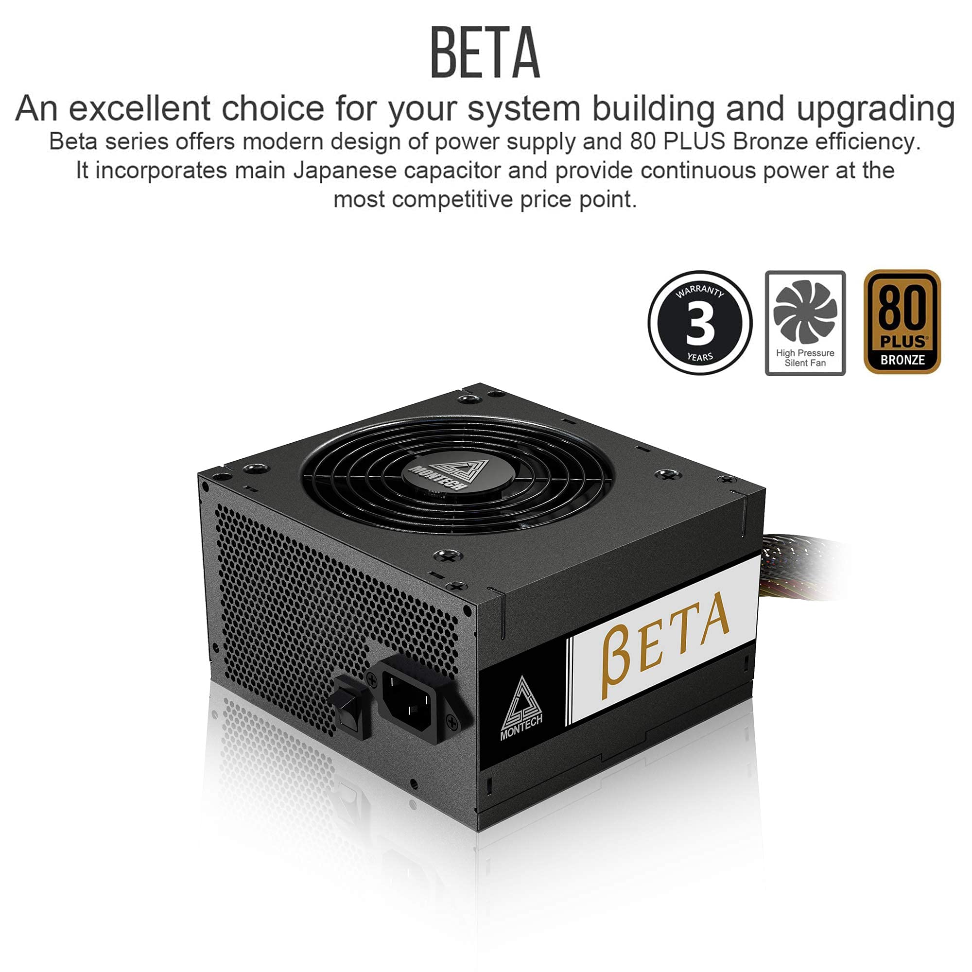 MONTECH BETA 550W 80+ Bronze Certified Power Supply, Japanese Capacitors, 120mm Silent Fan, Continuous PSU