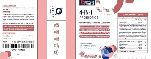 NATURE TARGET Probiotics-for-Women Prebiotics-and-Probiotics-Powder, 100-Billion-CFUs 45-Day-Supply, Women's-Probiotic with D-Mannose and Cranberry for Urinary Tract/Gut/Digestive Health