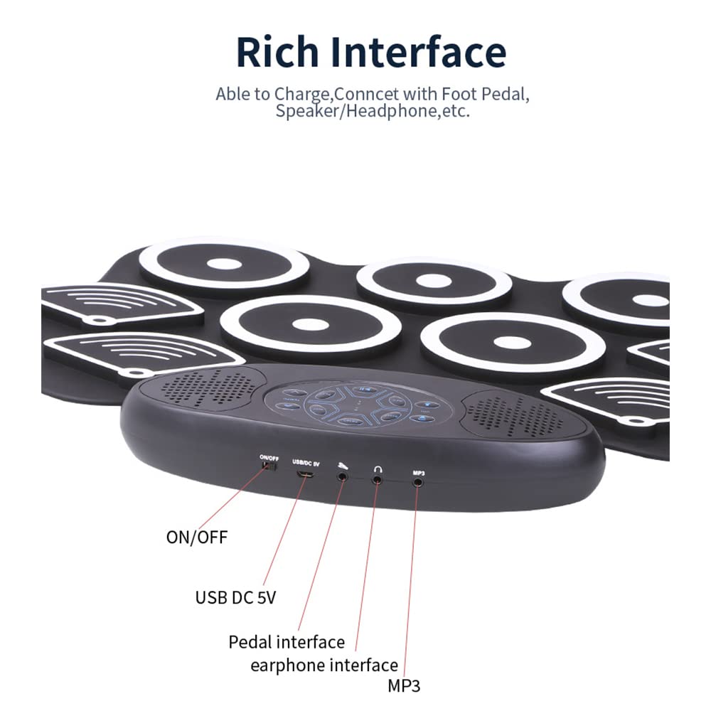 Taruor Portable 9 Pads Electronic Drum Set Roll Up Silicone Practice Drum Pad Built-in 2 Speakers Stereo Rechargeable Multifunction Tabletop Drum Support Recording Function/Audio Input/MIDI Output