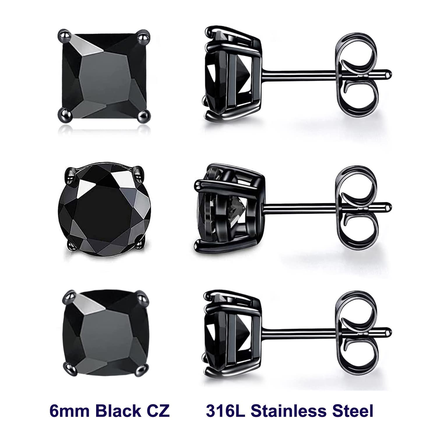 Pack of Earrings Black Cubic Zirconia Stud Set Black Gold Plated Hypoallergenic for Sensitive Ears Post Percing Ear Stud Princess Cut Round CZ