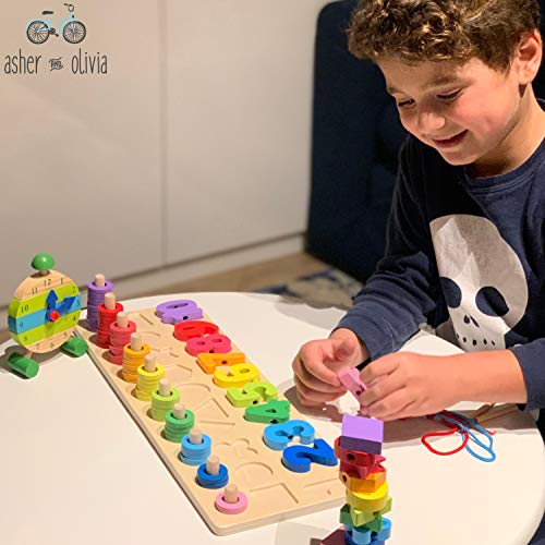 Montessori Fine Motor Skill Toys - Math Wooden Number Shape Set with Learning Clock and Lacing Beads Montessori Toy for Toddlers 3 4 5 Year Old Preschool Learning Toys, Sorting Stacking Counting