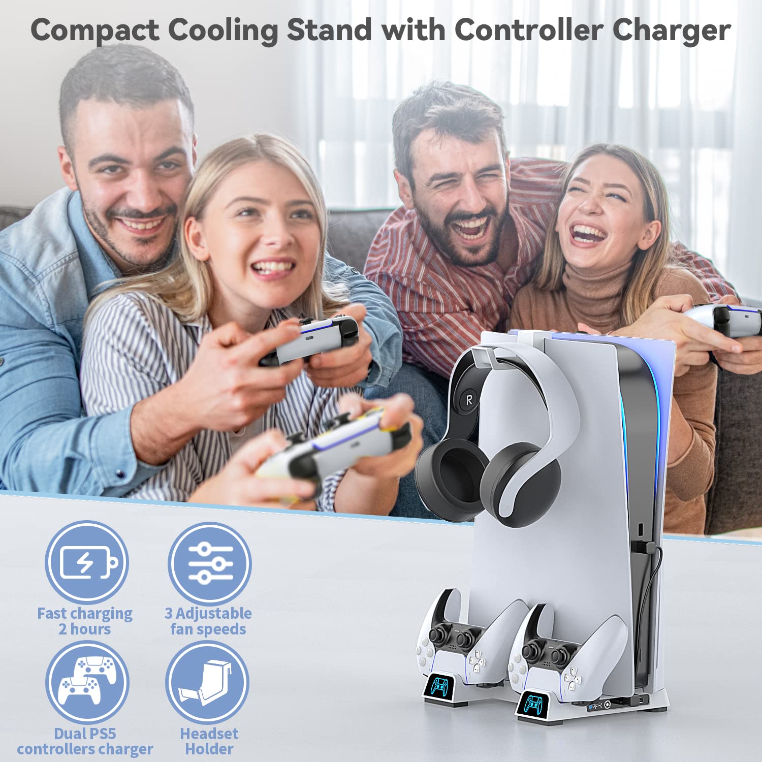 OIVO PS5 Stand with Cooling Fan and Headphone Holder, PS5 Controller Charger for PS5 Controller, Space Saving 10 Game Storage for Playstation 5 Console