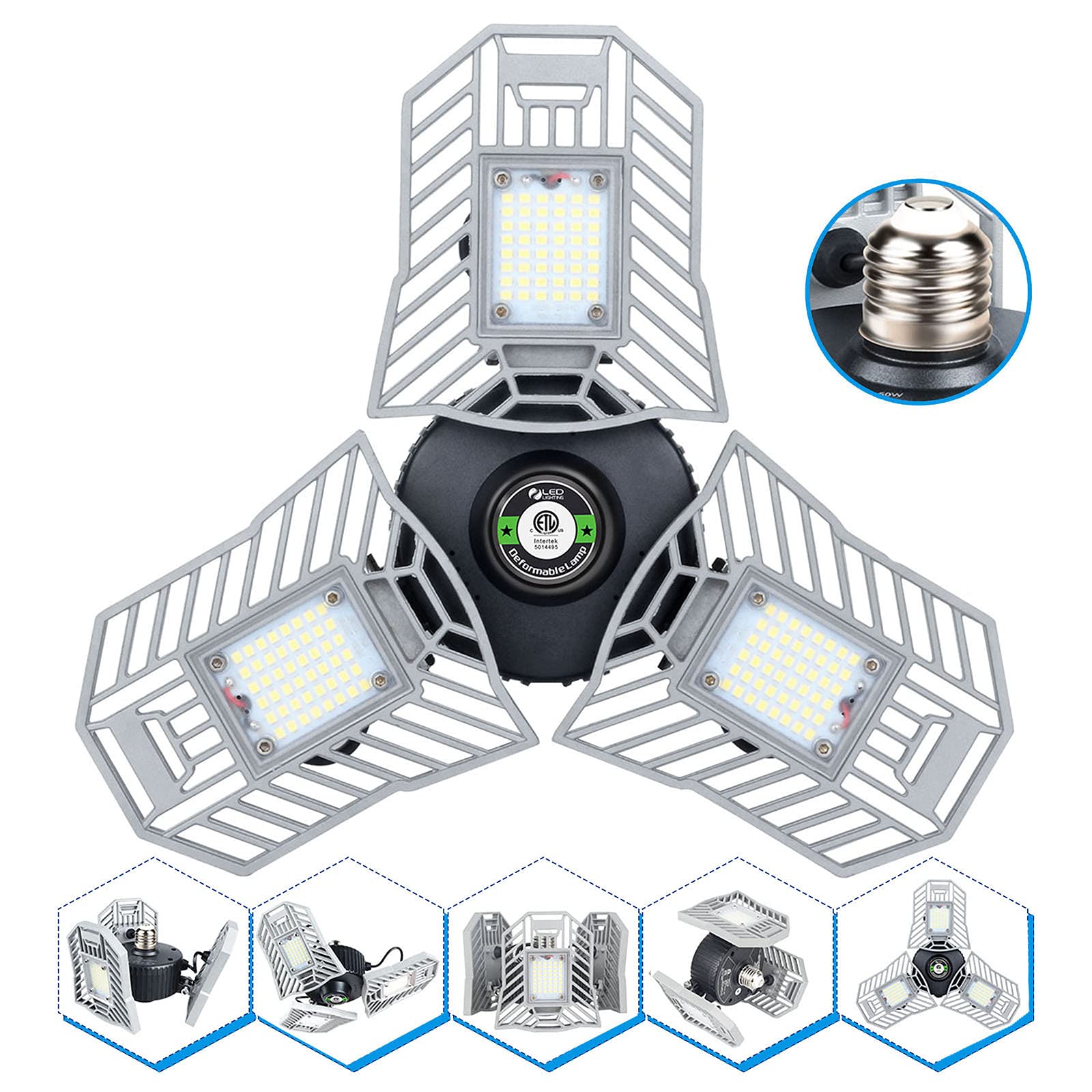 KPBOTL Illuminator 360 Led Garage Light 60W Garage Light 6000LM Screw in Light Bulb 3 Panels Ceiling Light Fixture Deformable LED Shop Light Bulb Led Light for Garage Basement Workshop Attic Barn 1