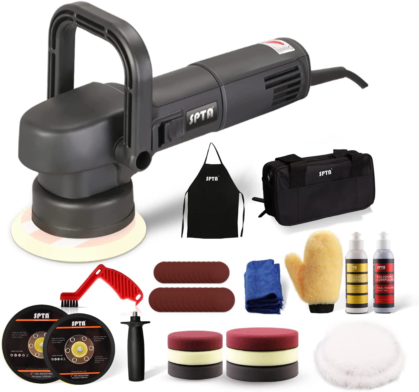 SPTA Buffer Polisher, 780W 5Inch & 6Inch Dual Action Random Orbital Car Polisher, 41Pc Car Detailing Kit with Polishing Pads, Sanding Papers, Wool Pads, Tool Bag for Car Polishing and Waxing -DA501-US