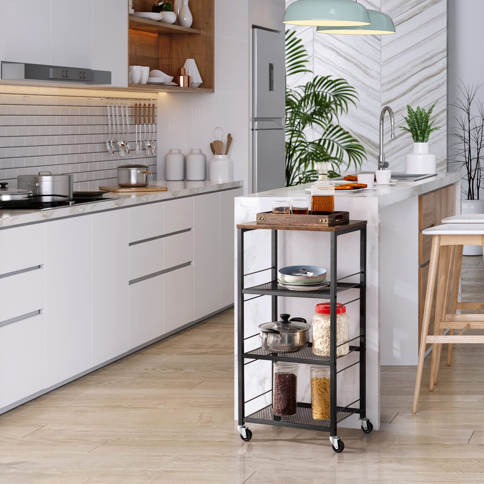 Kitchen Baker's Rack 4 Tier Utility Industrial Kitchen Serving Cart on Wheels Mobile Unit Shelves, Microwave Oven Printer Stand with Storage Cart Trolley Coffee Station for Home Bar Office