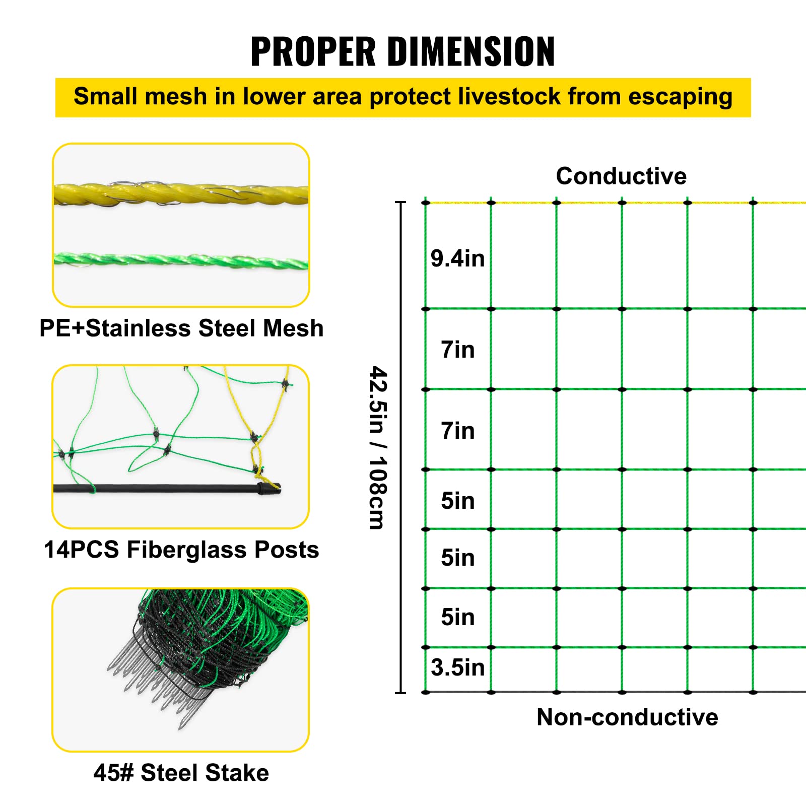 VEVOR Electric Fence Netting, 42.5" H x 164' L, PE Net Fencing with 14 Posts Double Spiked, Utility Portable Mesh for Goats, Sheep, Lambs, Deer, Hogs, Dogs, Used in Backyards, Farms and Ranches, Green