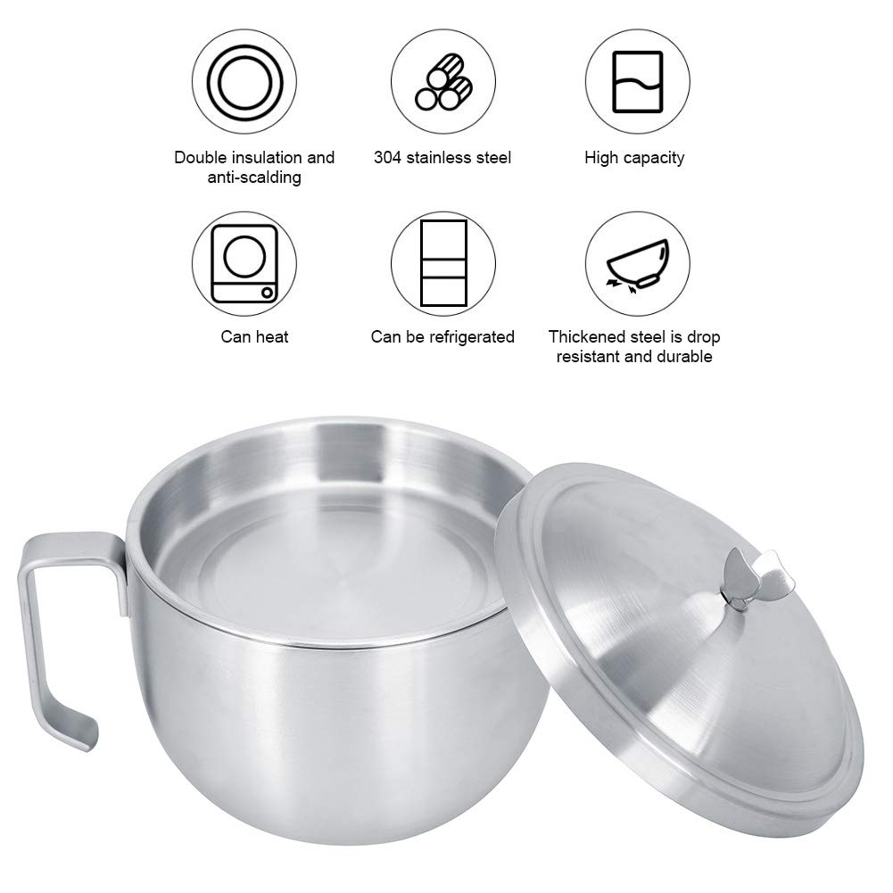 Noodle Bowl with Lid, Stainless Steel Soup Bowls Double Layer Food Container for Storing/Soaking Soup Noodle Ramen at Home Dorm Office