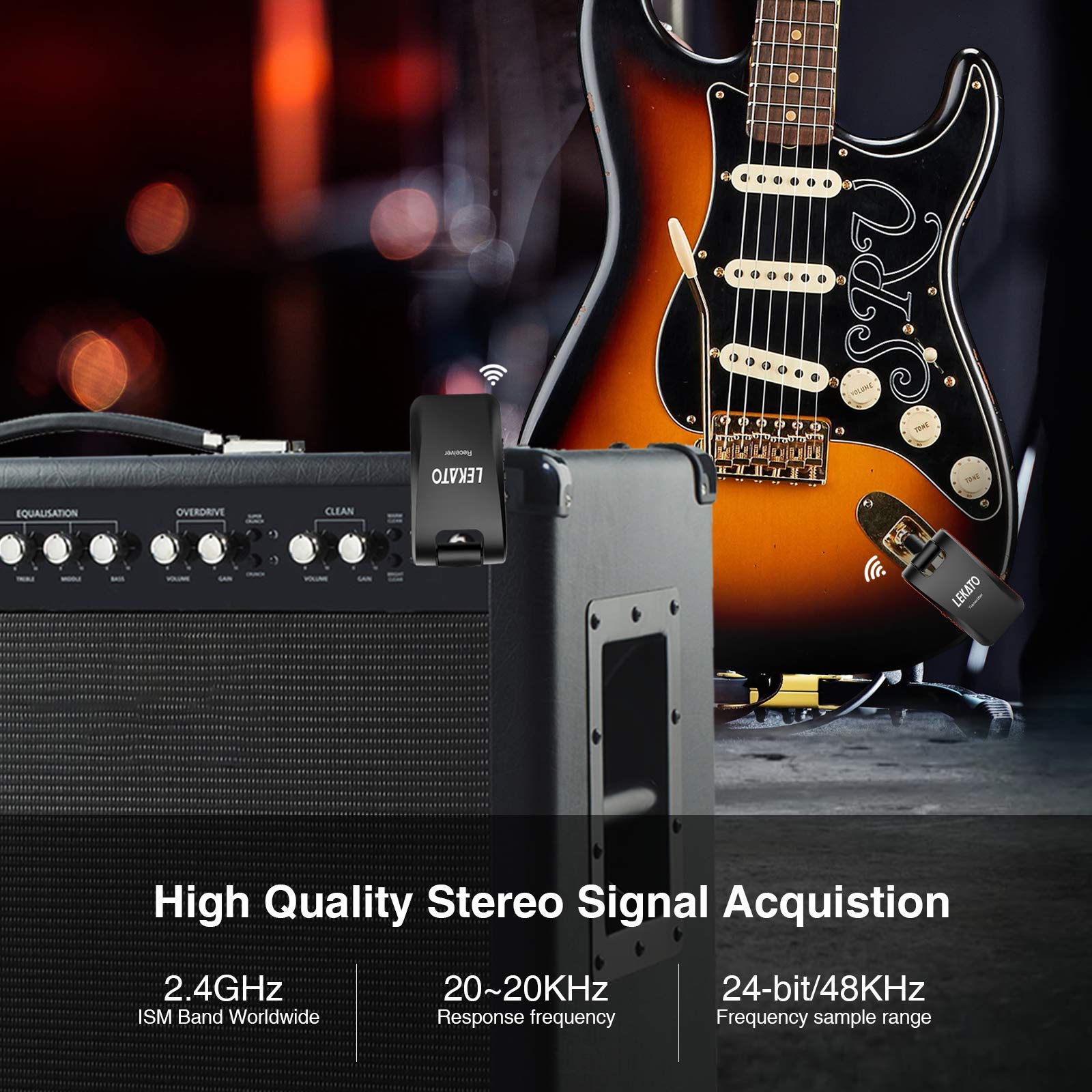 LEKATO Wireless Guitar System 2.4GHz Rechargeable Audio Wireless Transmitter Receiver 6 Channels for Guitar Bass Electric Instruments, Stereo and Mono 1/4โ & 1/8โ 2 in 1 Plugs,Black(WS-60)