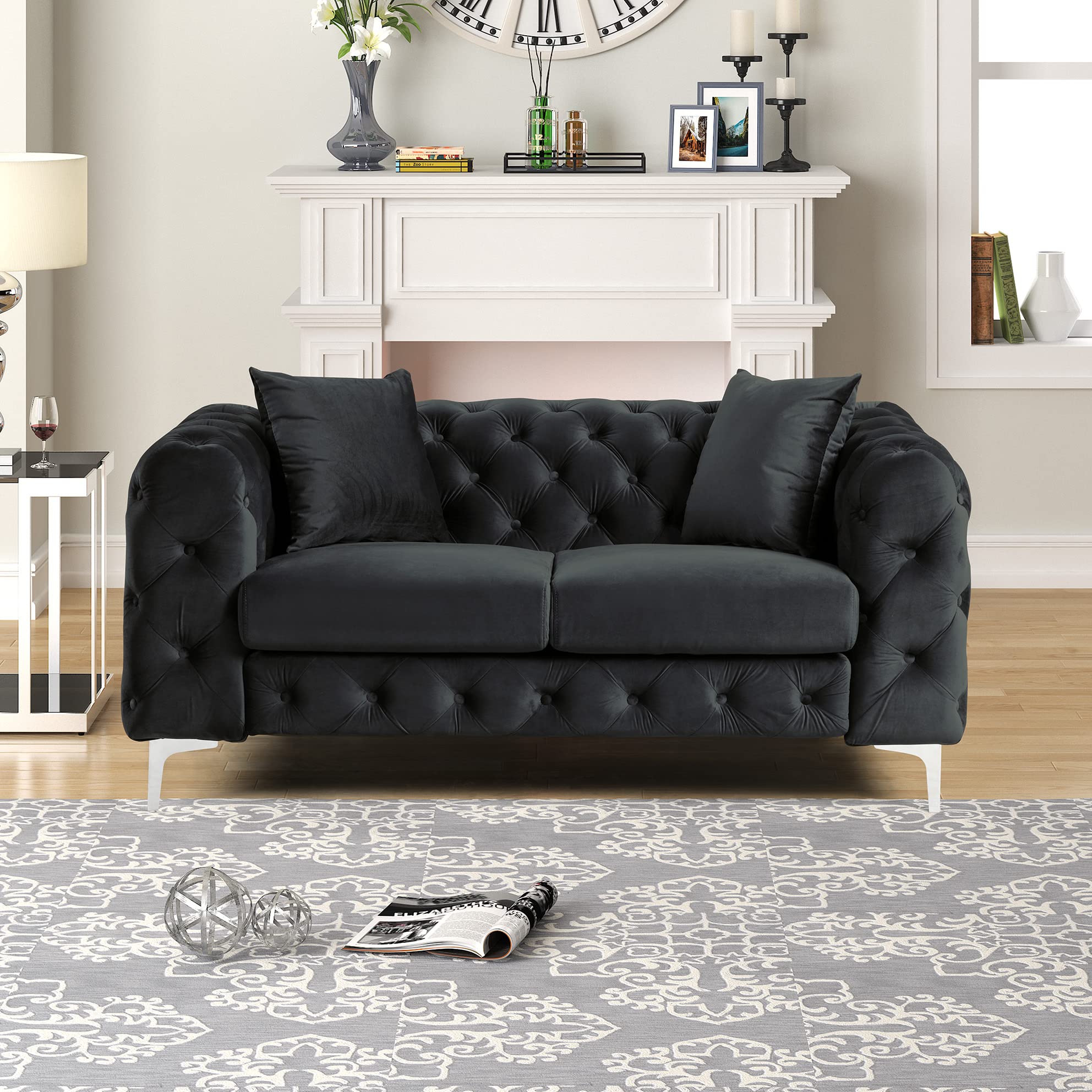 Morden Fort Modern Velvet Sofa Set Chair Loveseat 2 Pieces for Living Room Bedroom Office with Deep Button Tufting, Solid Wood Frame and Iron Legs-Silver Grey