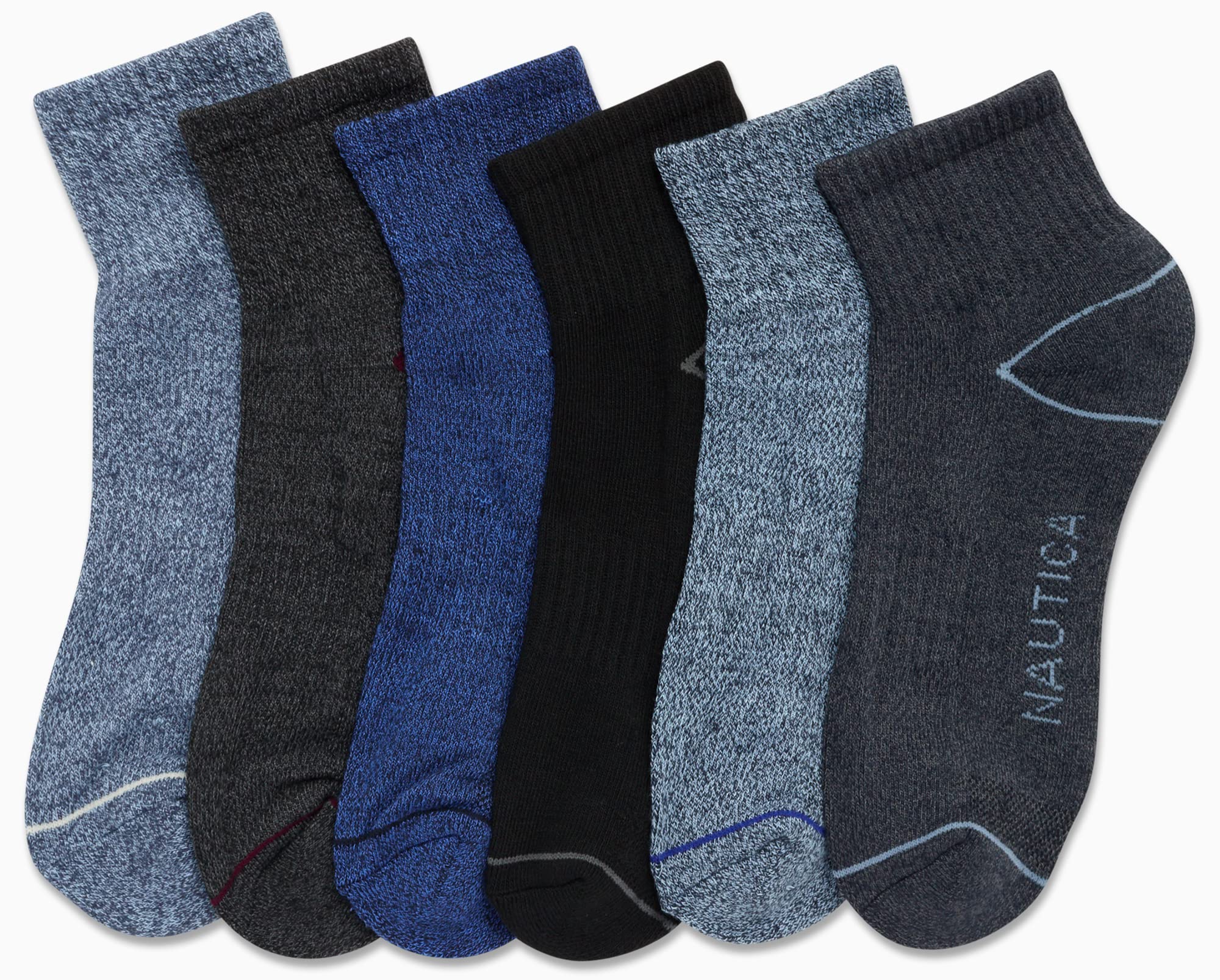 Nautica Men's Performance Quarter Socks with Cushioned Comfort (6 Pack), Size 6-12.5, Navy/Blue/Gray