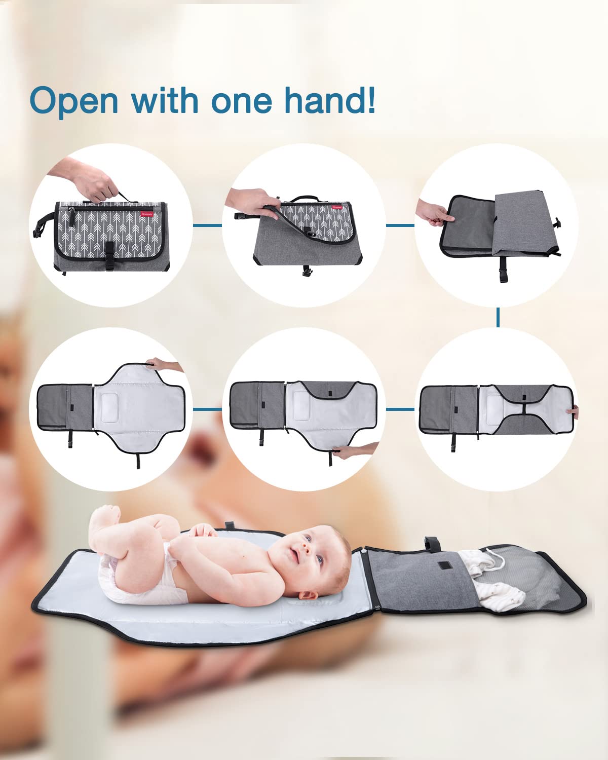 Lekebaby Diaper Changing Pad Portable Changing Pad Baby Change Mat Waterproof with Built-in Head Cushion, Grey with Arrow Print