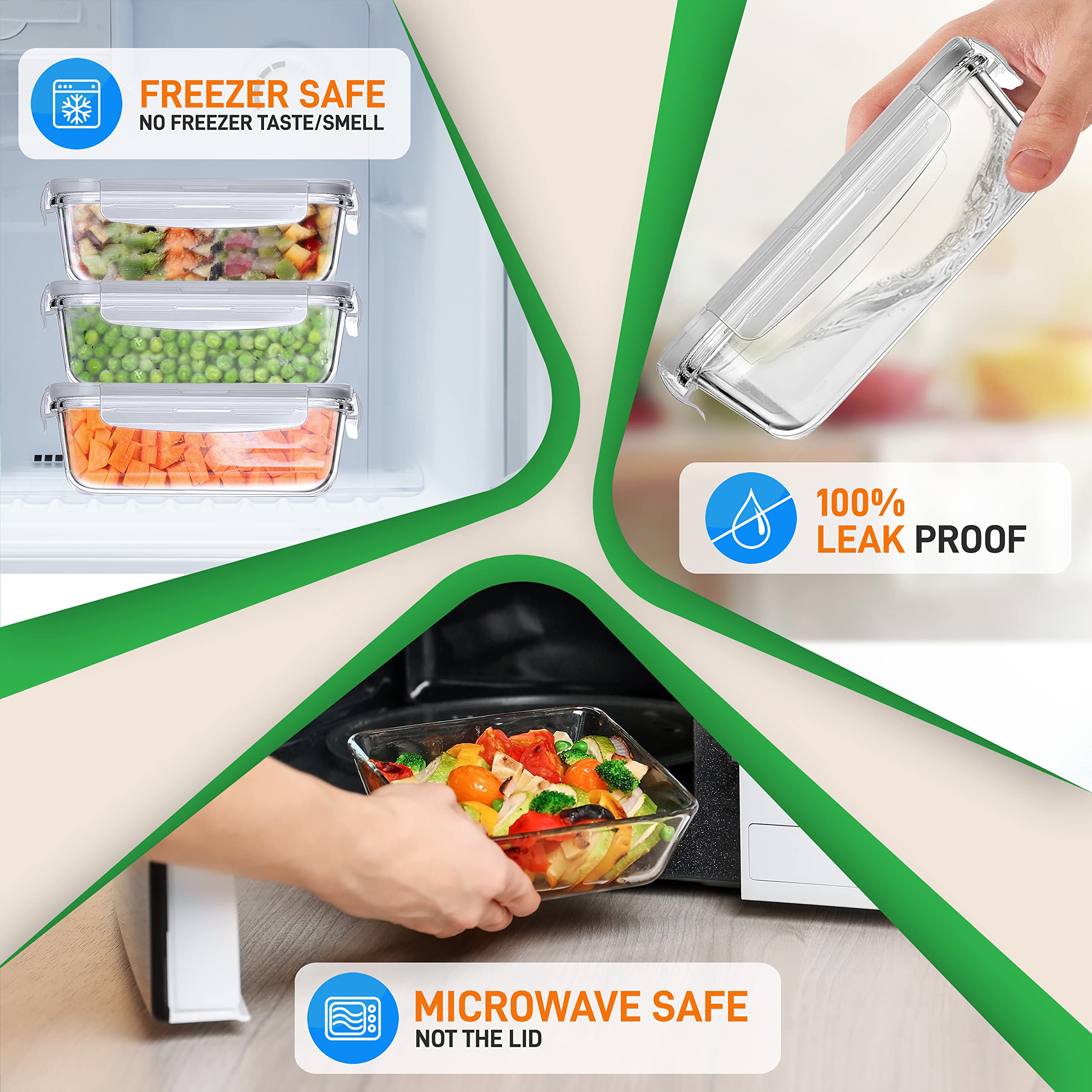 NutriChef 10-Piece Glass Food Containers - Stackable Superior Glass Meal-prep Storage Containers, Newly Innovated Leakproof Locking Lids w/Air Hole, Freezer-to-Oven-Safe (Gray)