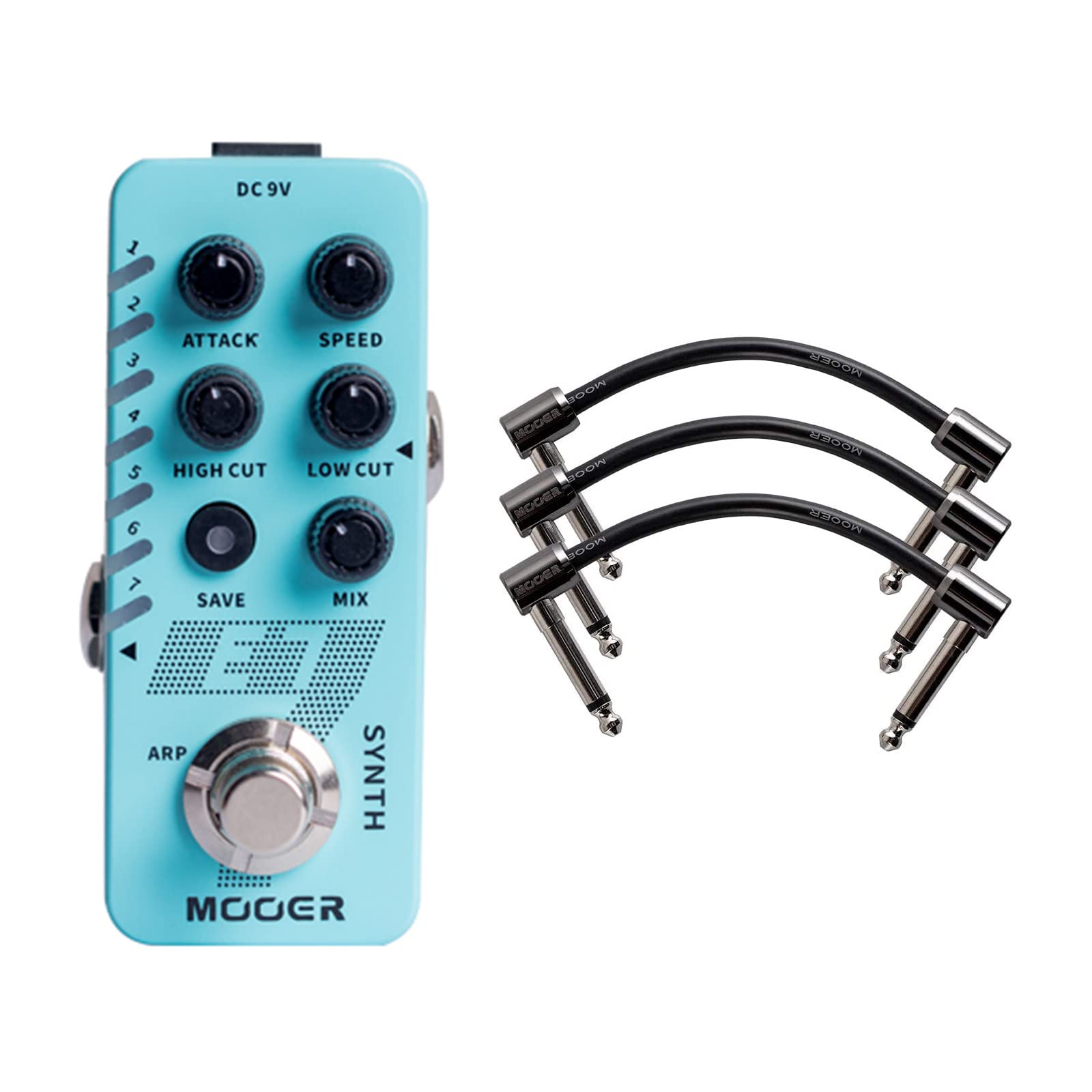 MOOER E7 Mini Guitar Synth Pedal with 7 Presets 7 Slots 7 Different Typical Electronic Synthesizer Bundled with 3 pcs FC-Series 6 Inch Pedal Cable