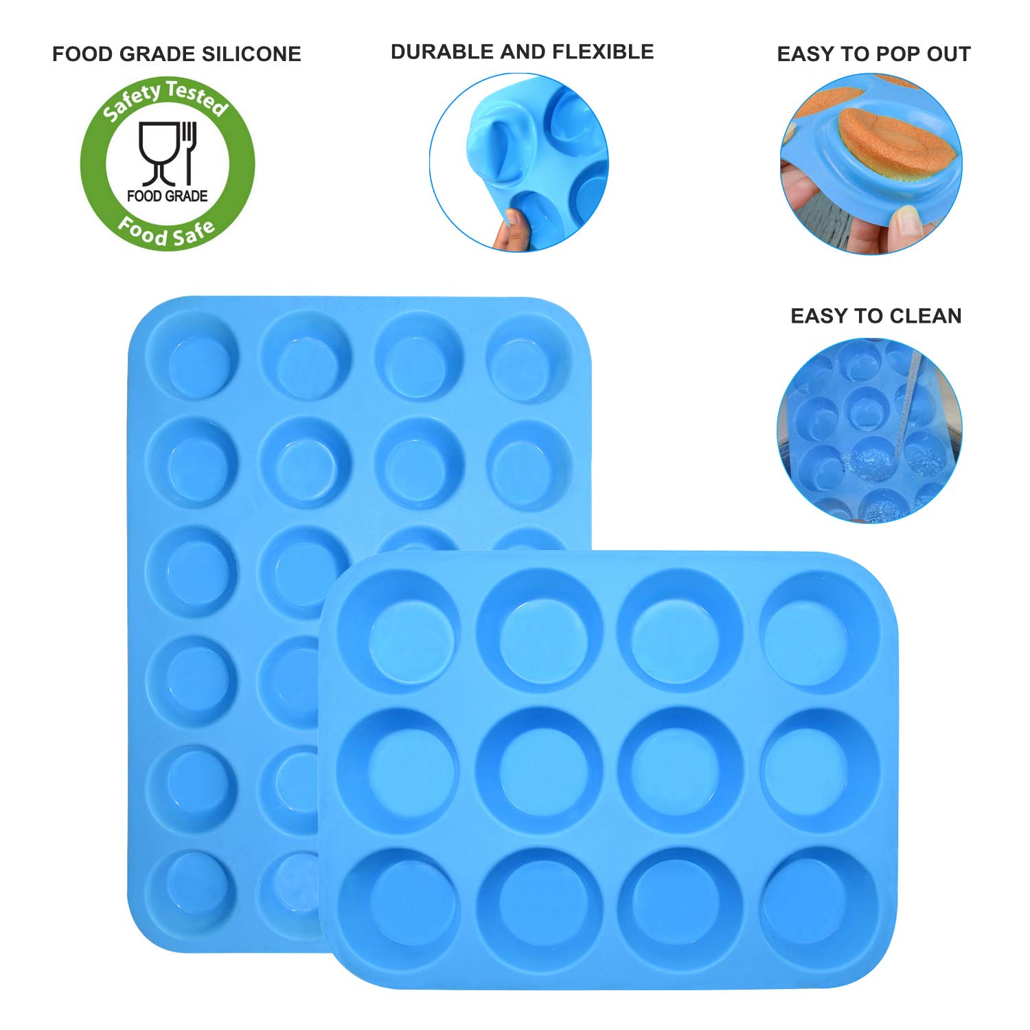 Silicone Muffin Pan Cupcake Set β Non-Stick 12 Cups and Mini 24 Cups,Silicone Baking Molds,BPA Free Muffin Tin with 1 Silicone Spatula & 1 Oil Brush (blue)