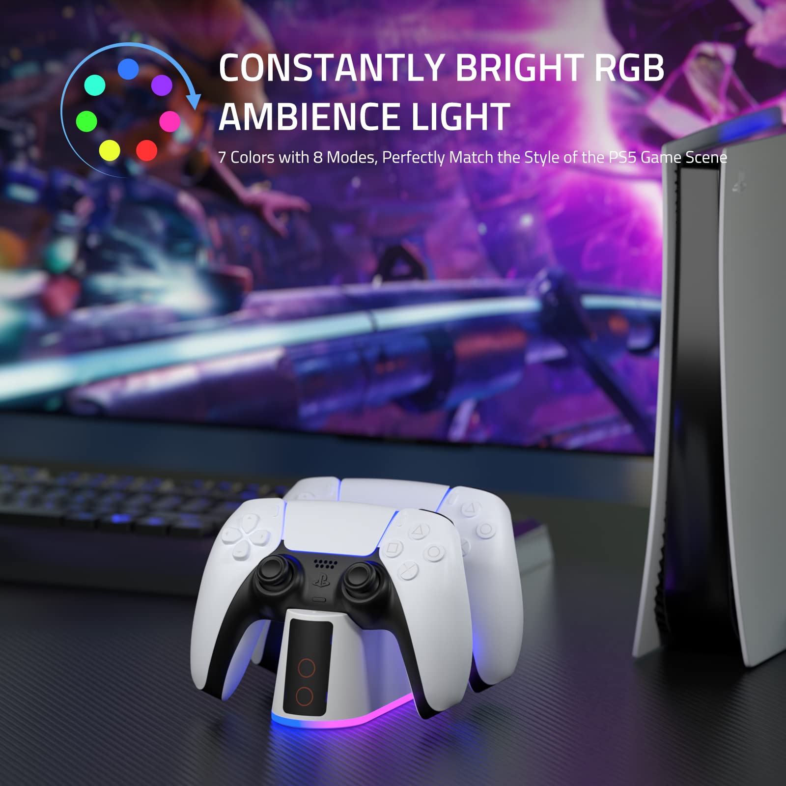 PS5 Controller Charging Station, PS5 Fast Charger Station with RGB Lights Type-C Cable LED Indicator Light Dual Contraller Charging Stand for Playstation 5 Dualsense Controller