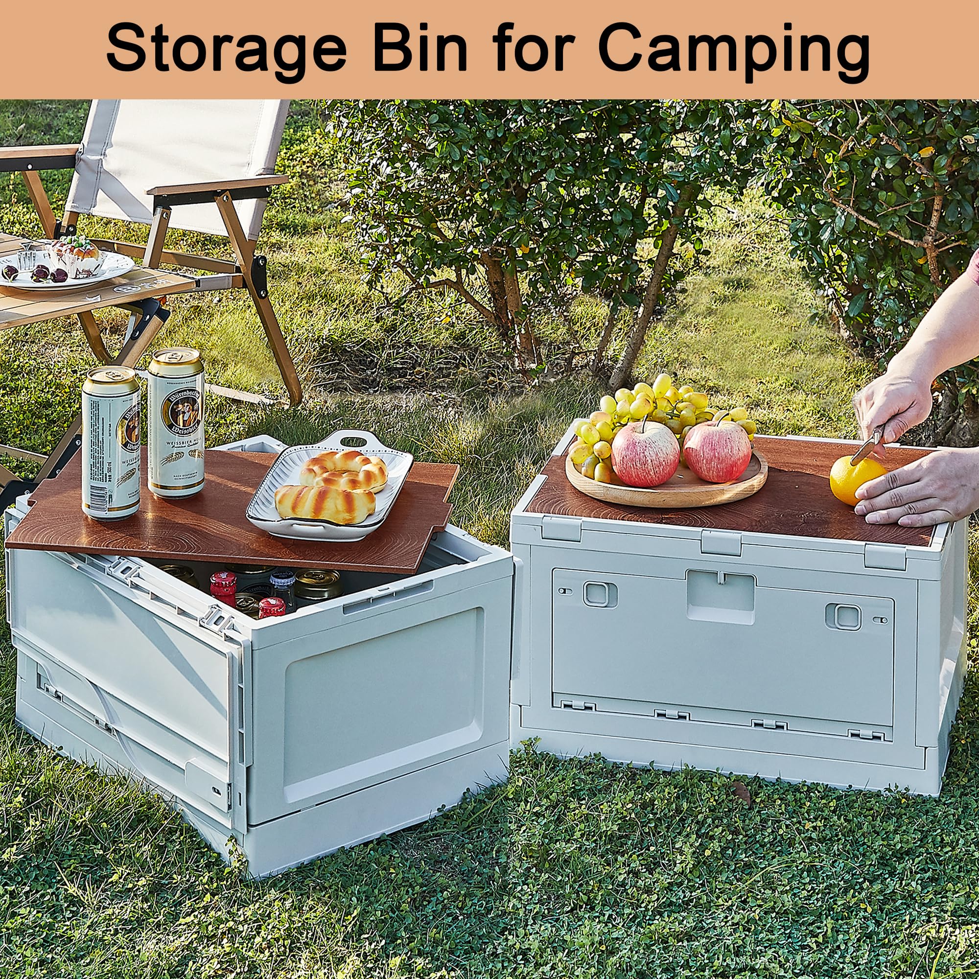 VECELO Collapsible Storage Bins with Lids, 55 Qt Large Foldable Plastic Box with Handles, Foldable Folding Camping Box with 2 Side Doors, Portable Storage Box for Camping, Outdoor/indoor, Beige